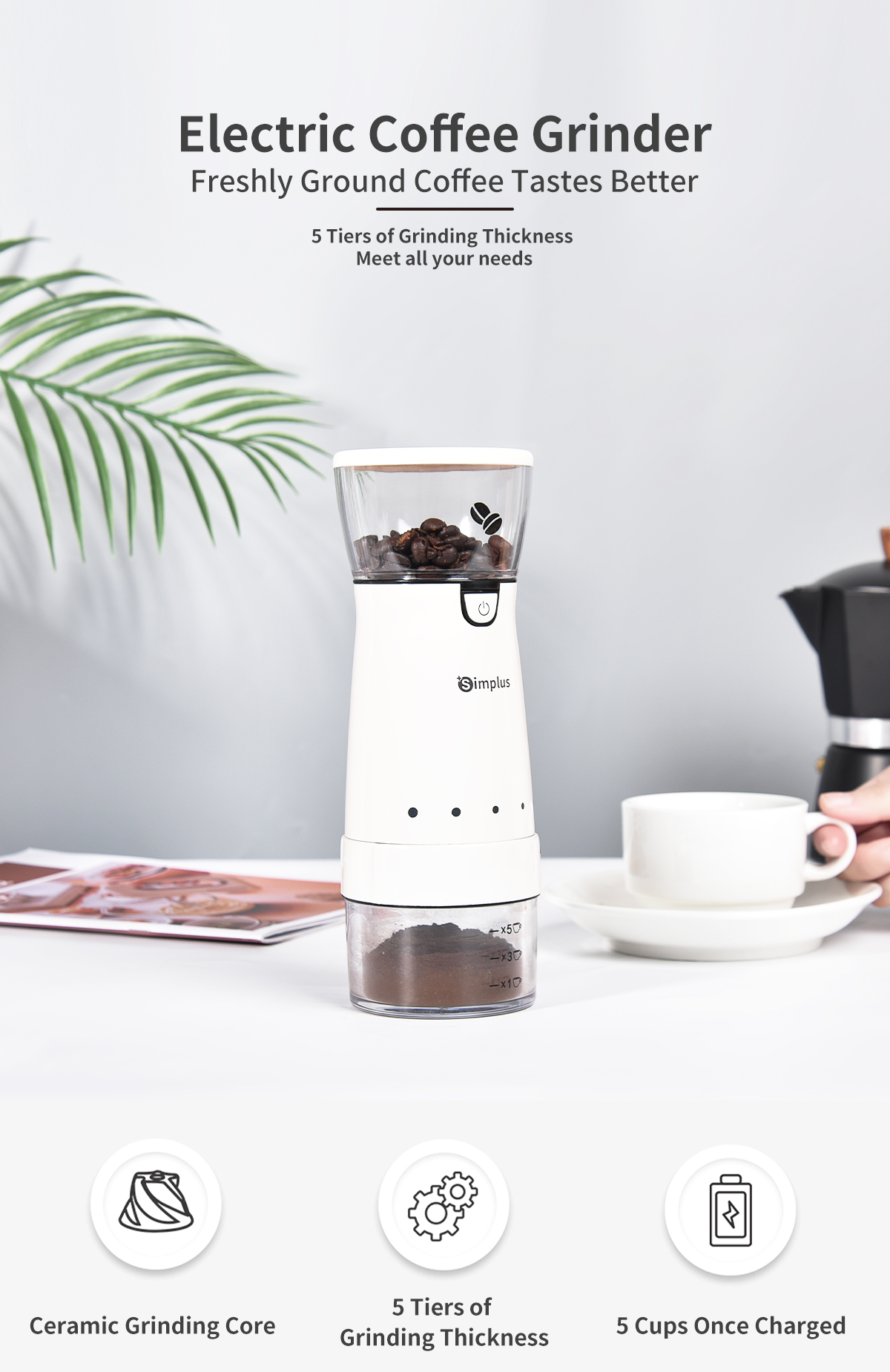 Simplus Electric Coffee Bean Grinder | 5 Tiers of Ceramic Grinding ...