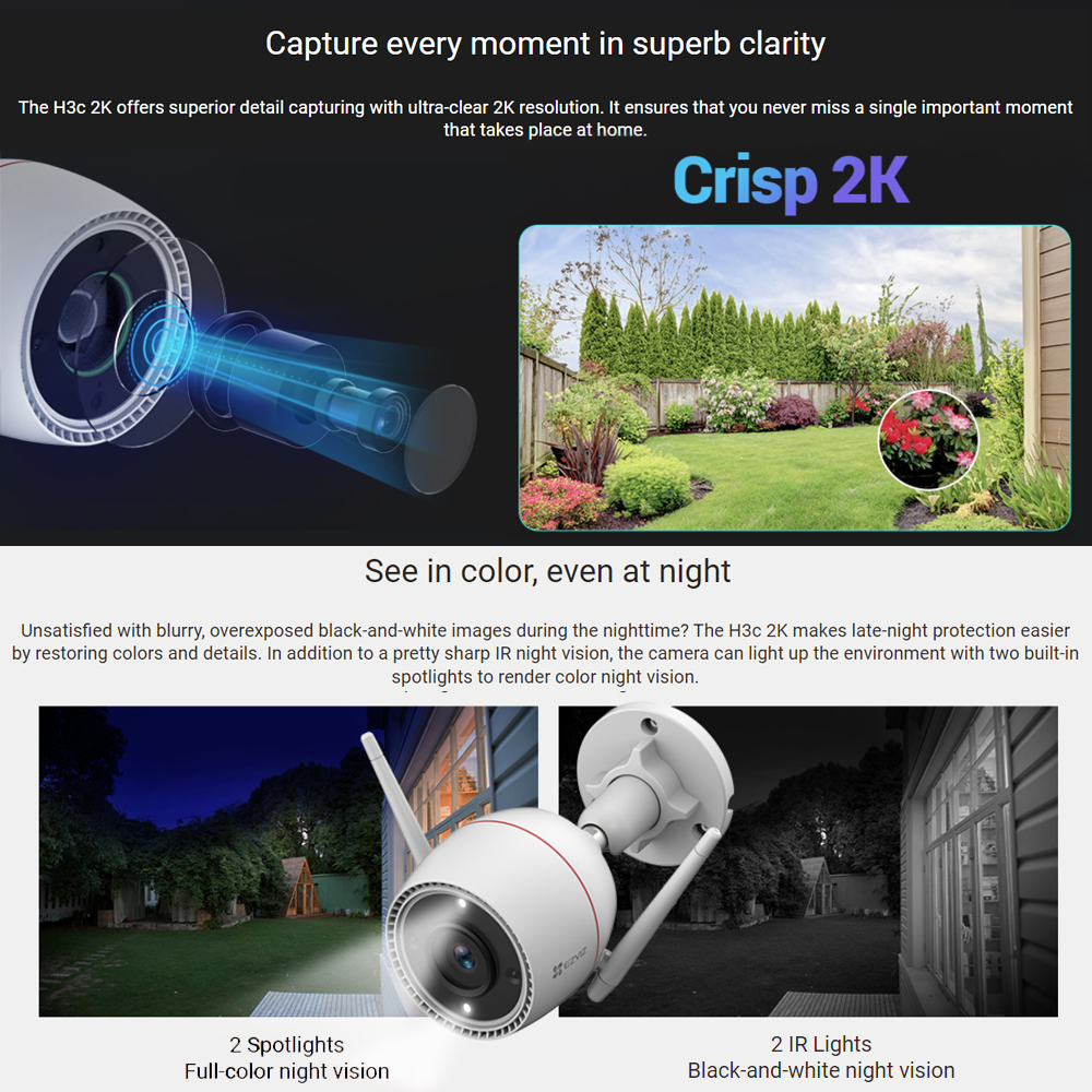 Ezviz H3C 2K 1296P 3MP Two Way Talk Color Night Vision Wireless Wi-Fi Smart Outdoor Home ...