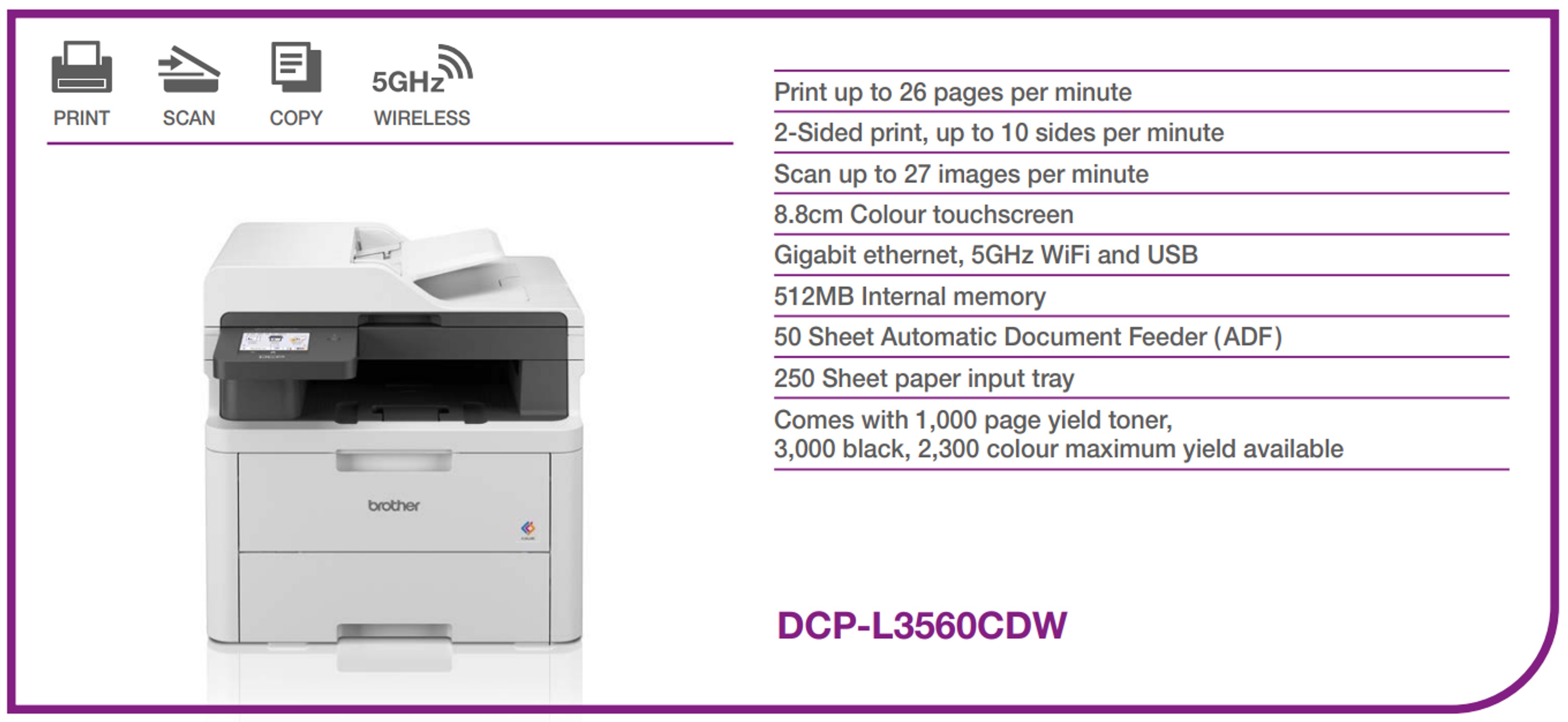 Brother Color LED Laserjet Printer A4 3in1 Wireless DCP-L3560CDW | ADF ...