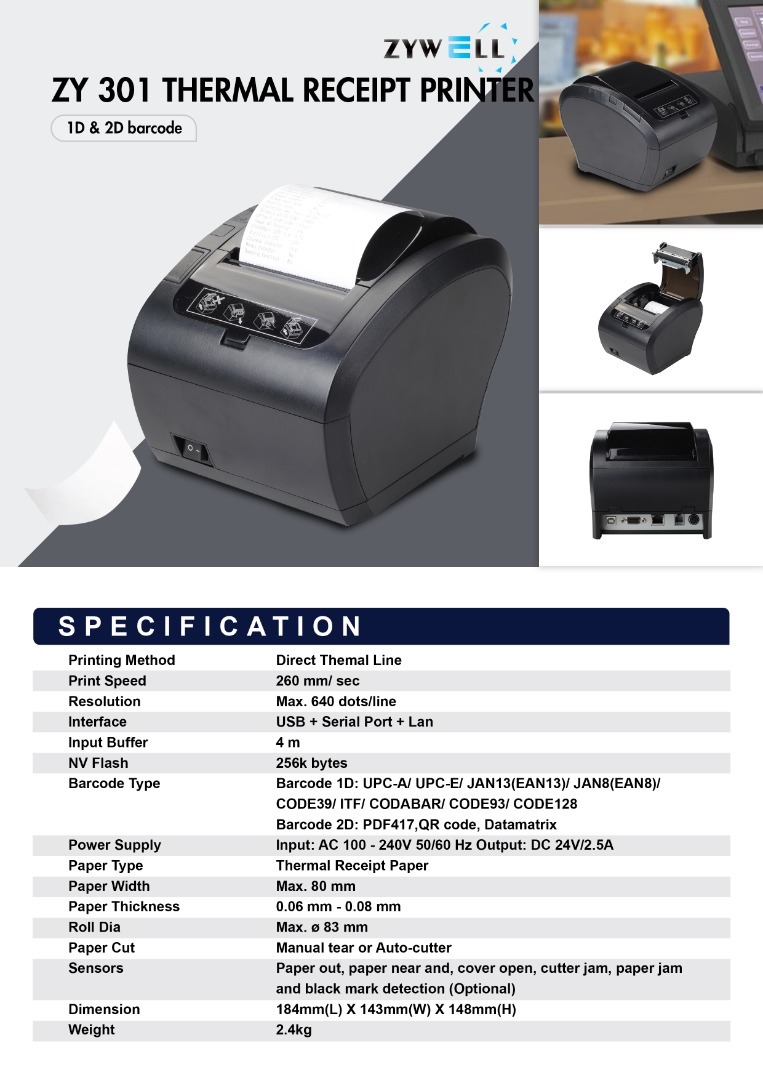 Zywell Zy301 Thermal Receipt Printer ( USB + Serial + LAN) | Shopee ...