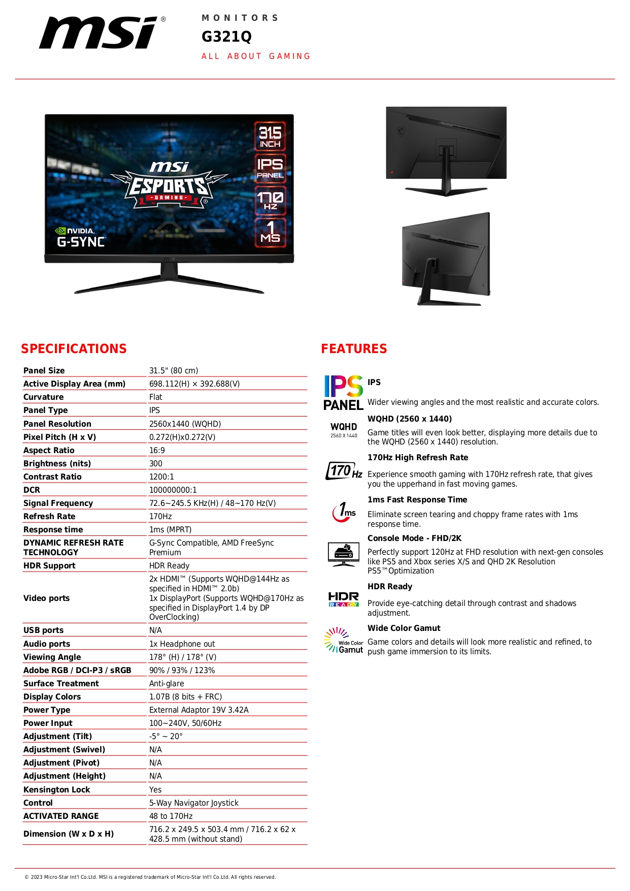 MSI OPTIX G321Q GAMING MONITOR ( 31.5" WQHD / 170Hz / IPS / 1MS / G ...