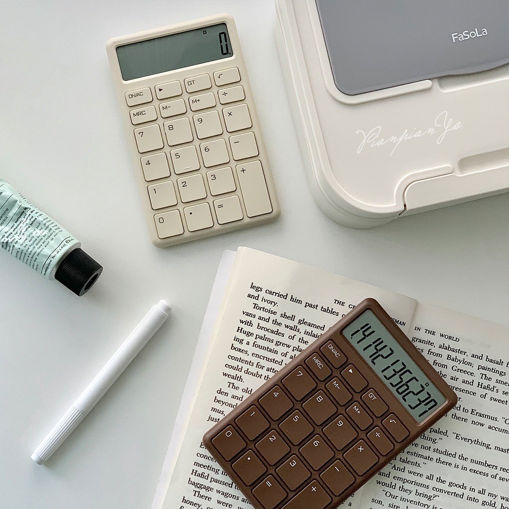 Minimalist 12-Bit Calculator Beige Chocolate Morandi Large LCD Display ...