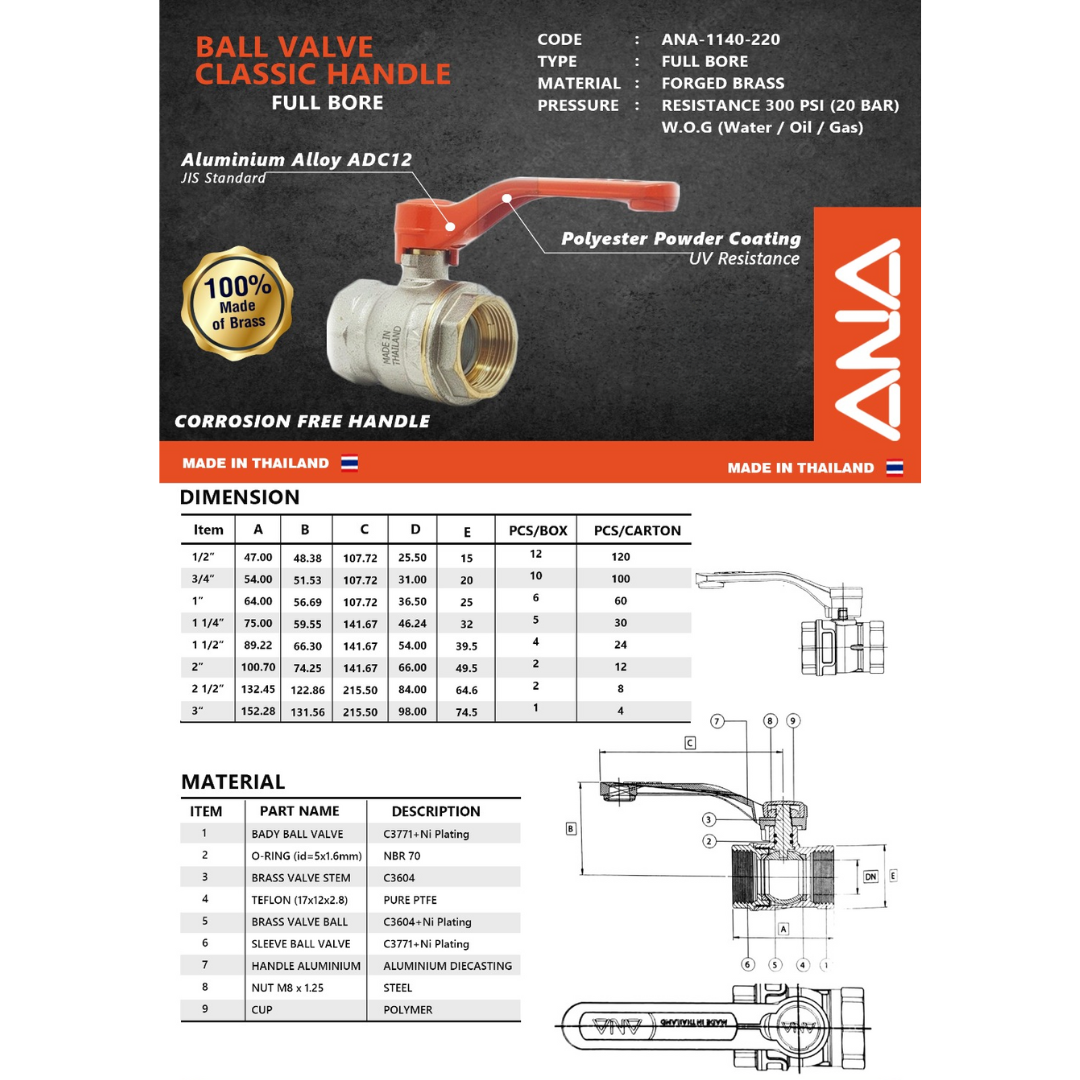 ANA ALUMINIUM HANDLE BRASS BALL VALVE 1/2" , 3/4" , 1" , 1 1/4" , 1 1/2 ...