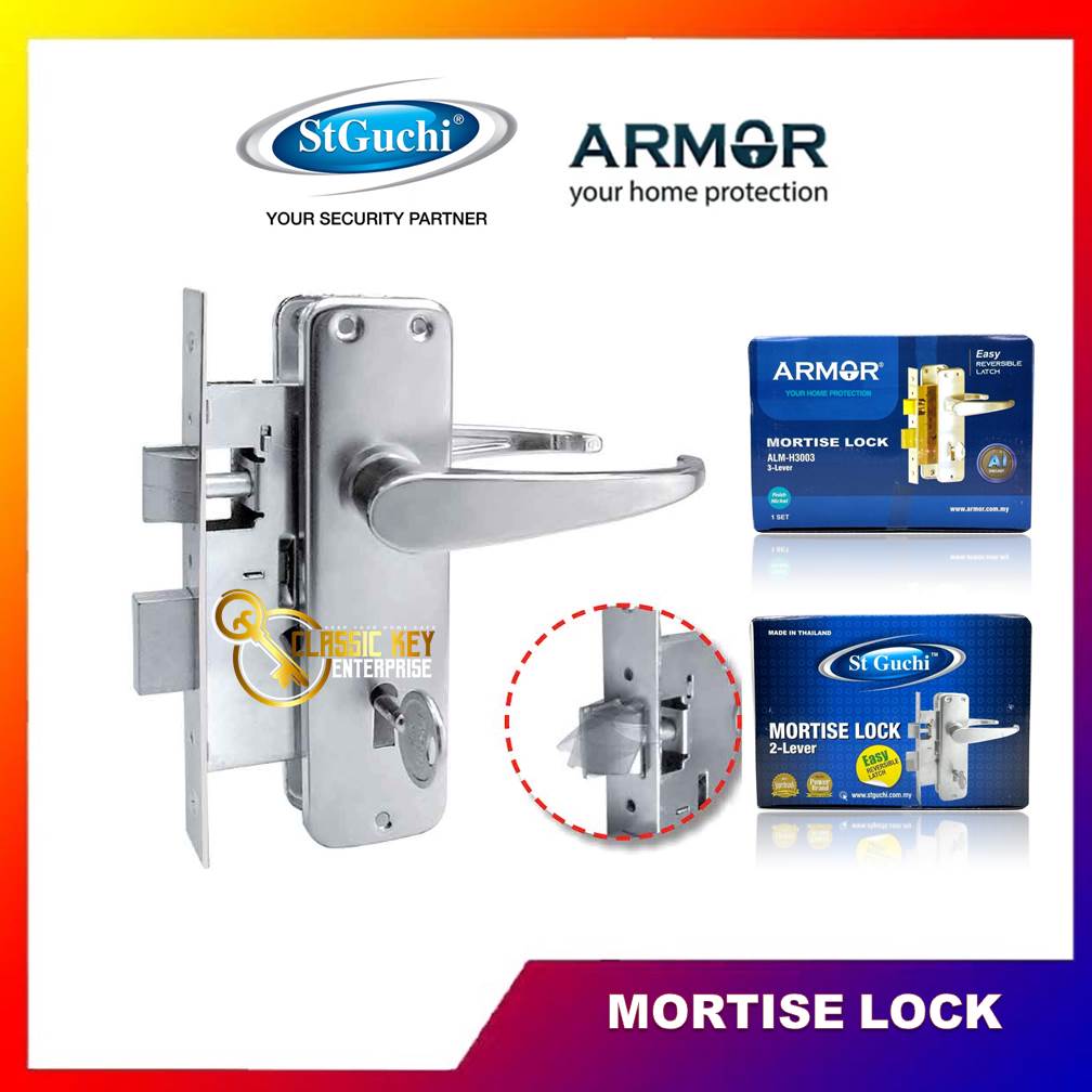 St Guchi Armor Mortise Lock Metal Grill Door Lever Handle Lock Kunci ...