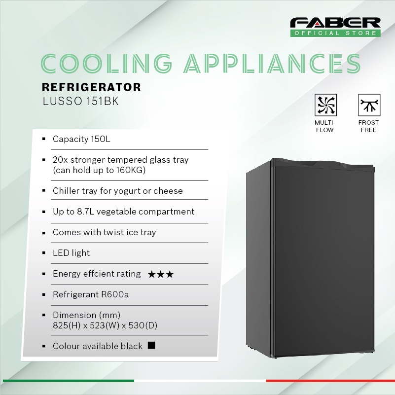 Faber 150L Single Door Refrigerator LUSSO 151BK | Shopee Malaysia