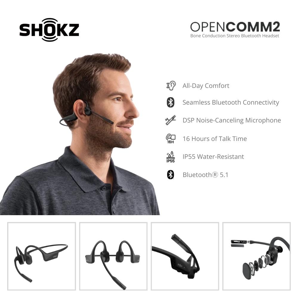 SHOKZ OPENCOMM 2 Bone Conduction Stereo Bluetooth Headset with Noise-Canceling Boom Mic | Shopee ...