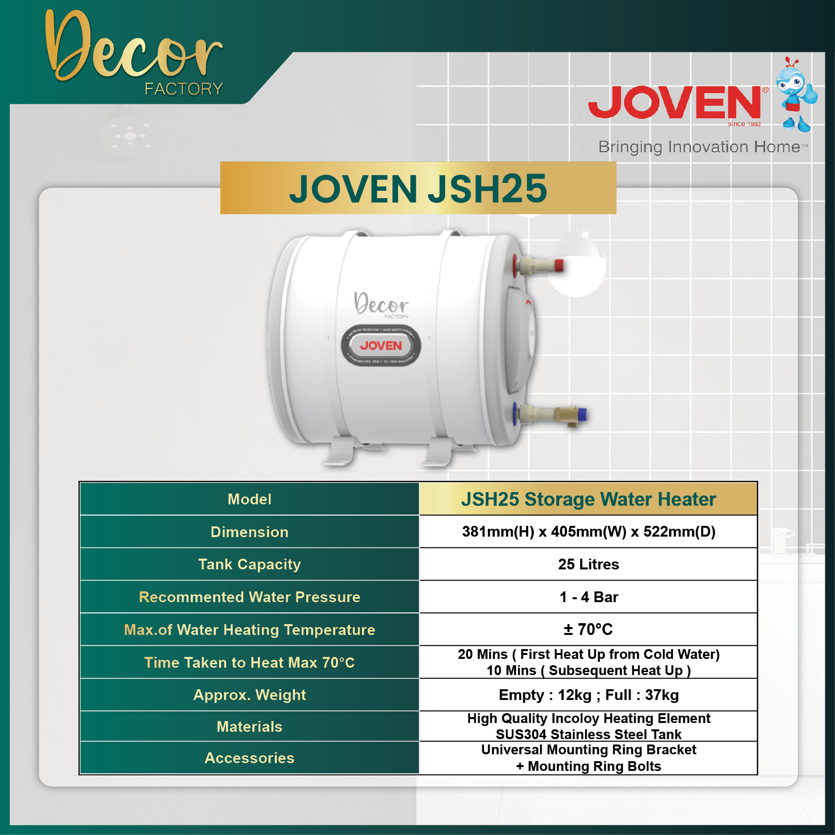 JOVEN Storage Water Heater Tank JH JSH Series JH15 JSH25 JSH35 JSH50 ...