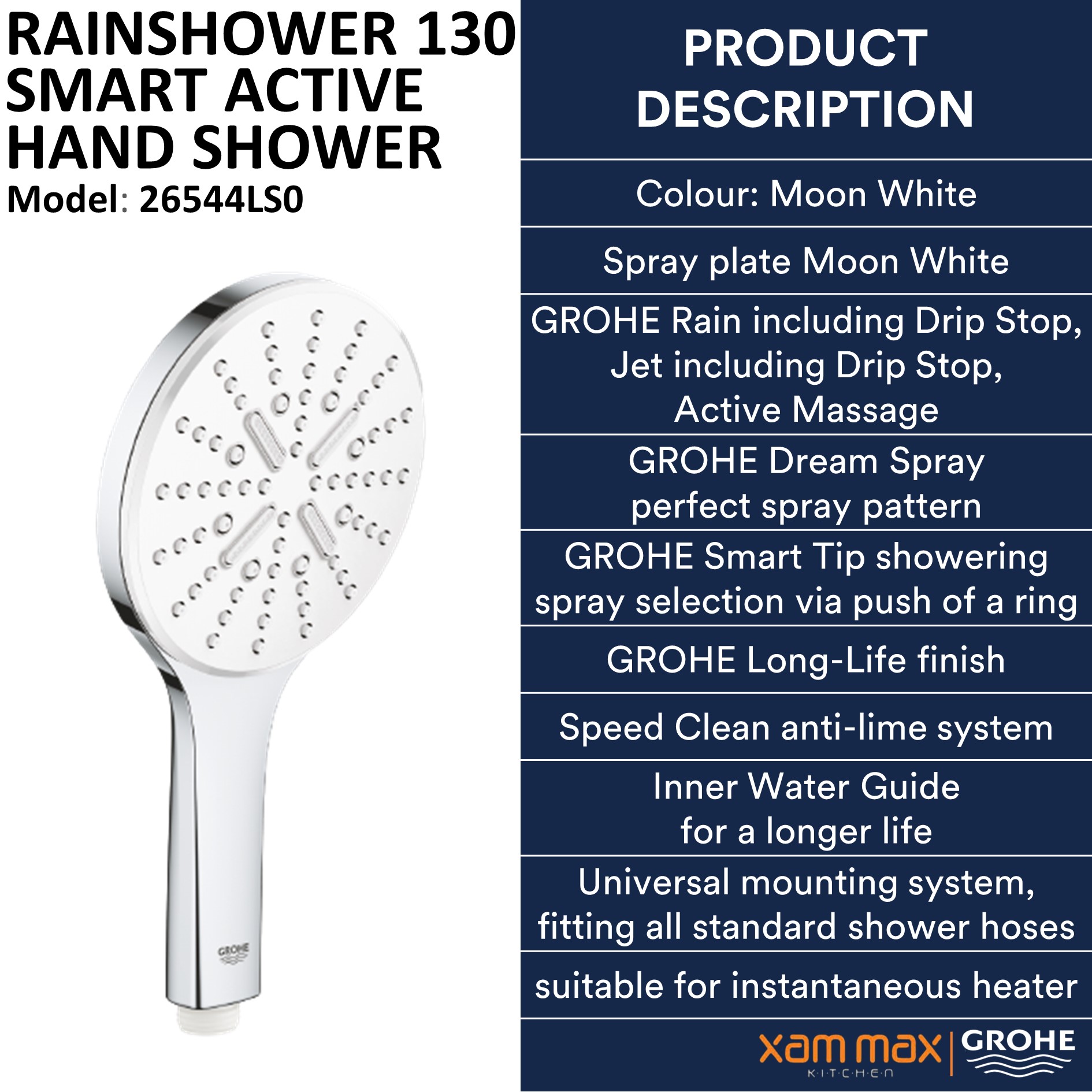 Grohe 26544000 (Chrome) 26544LS0 (Moon White) Rainshower 130 Smart ...