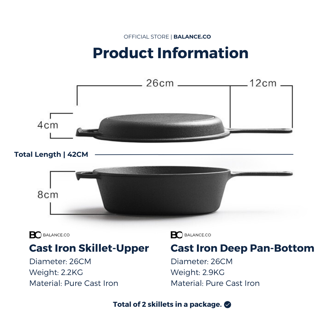 Balance.co Twosome Pre-seasoned Pure Cast Iron Combo Skillet Frying Pan ...
