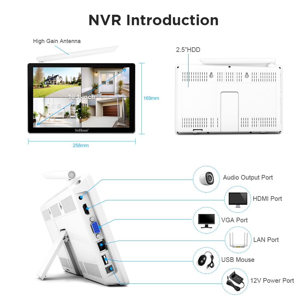 5MP SriHome NVR WiFi Touch Screen Monitor + 4pc 2K PTZ Camera Night ...