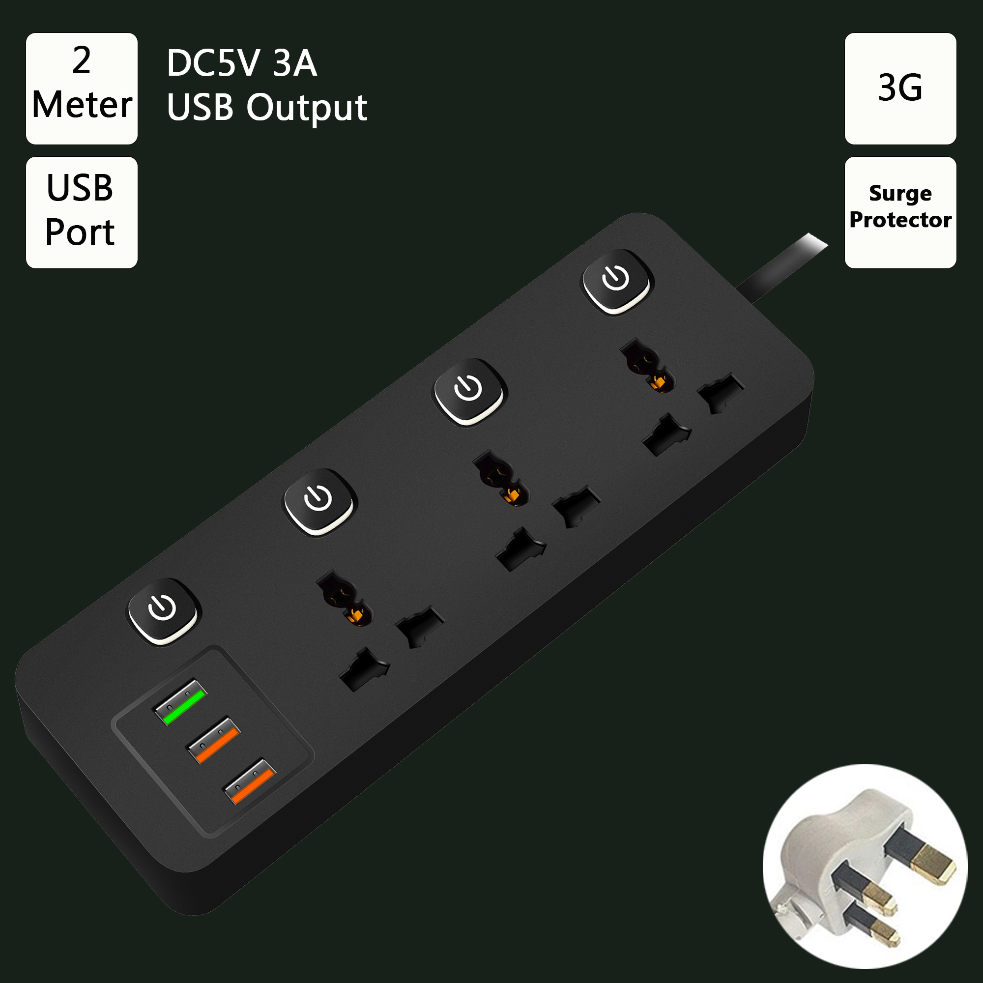 3h 13a 2 Gang To 5 Gang Multi Socket Usb Port Power Extension Trailing Socket C W Surge