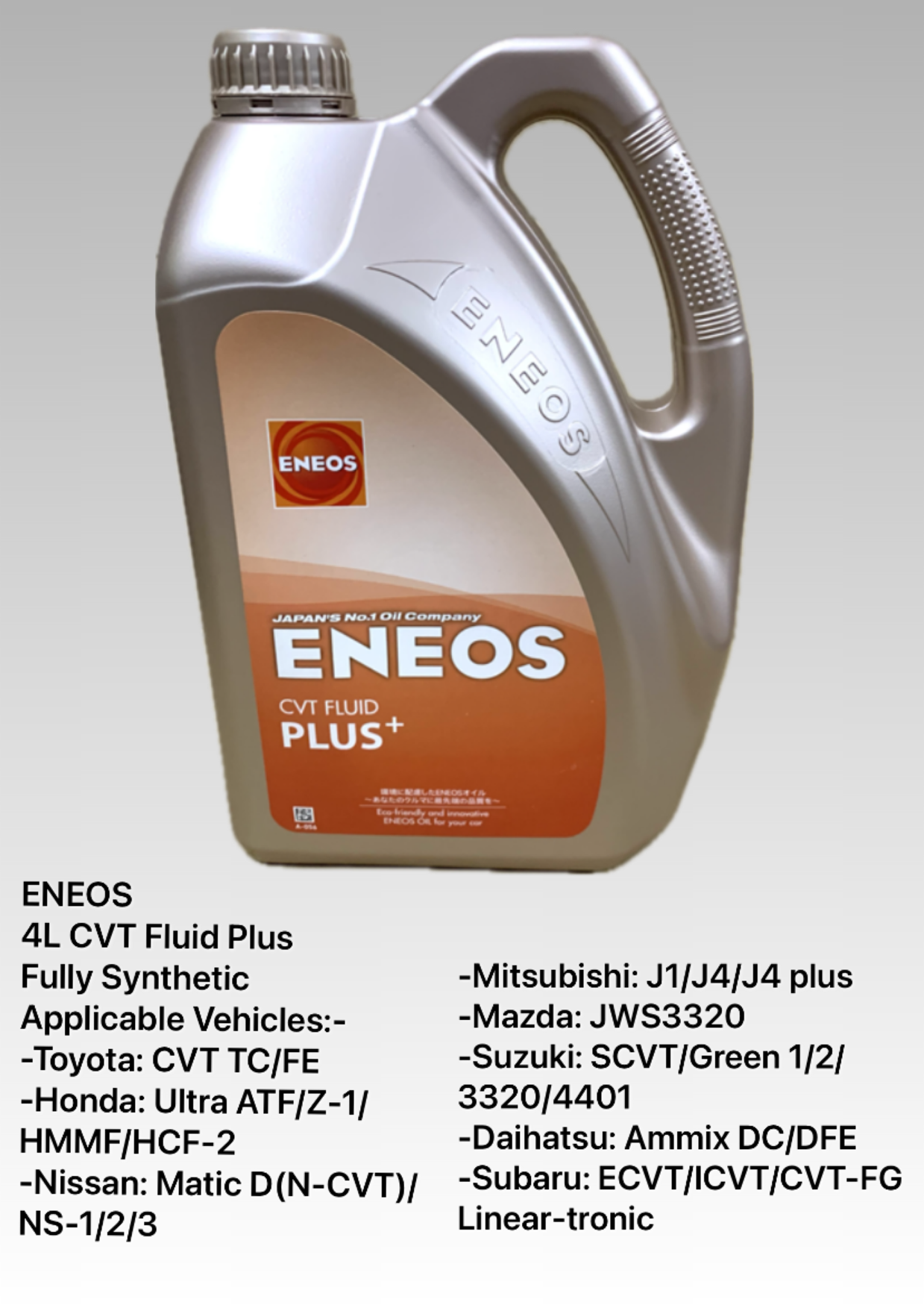 ENEOS CVT FLUID PLUS+ 4 LITER FULLY SYNTHETIC. 4L ATF CVT MADE IN SINGAPORE.AUTO TRANSMISSION ...