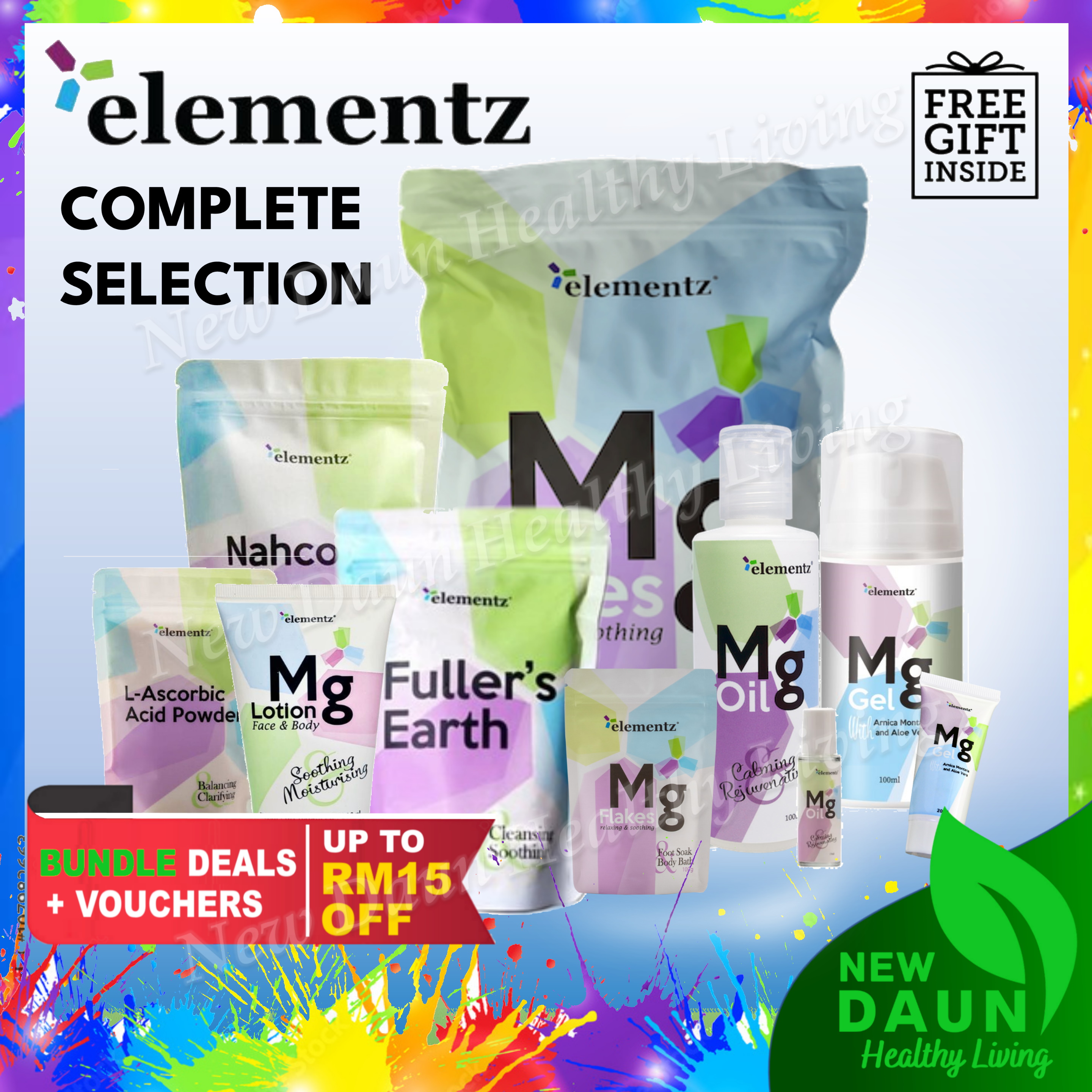 ELEMENTZ COMPLETE Set Magnesium Oil Mg Gel Mg Lotion Mg Flakes Mg Deo Fuller Earth Nahcolite ...