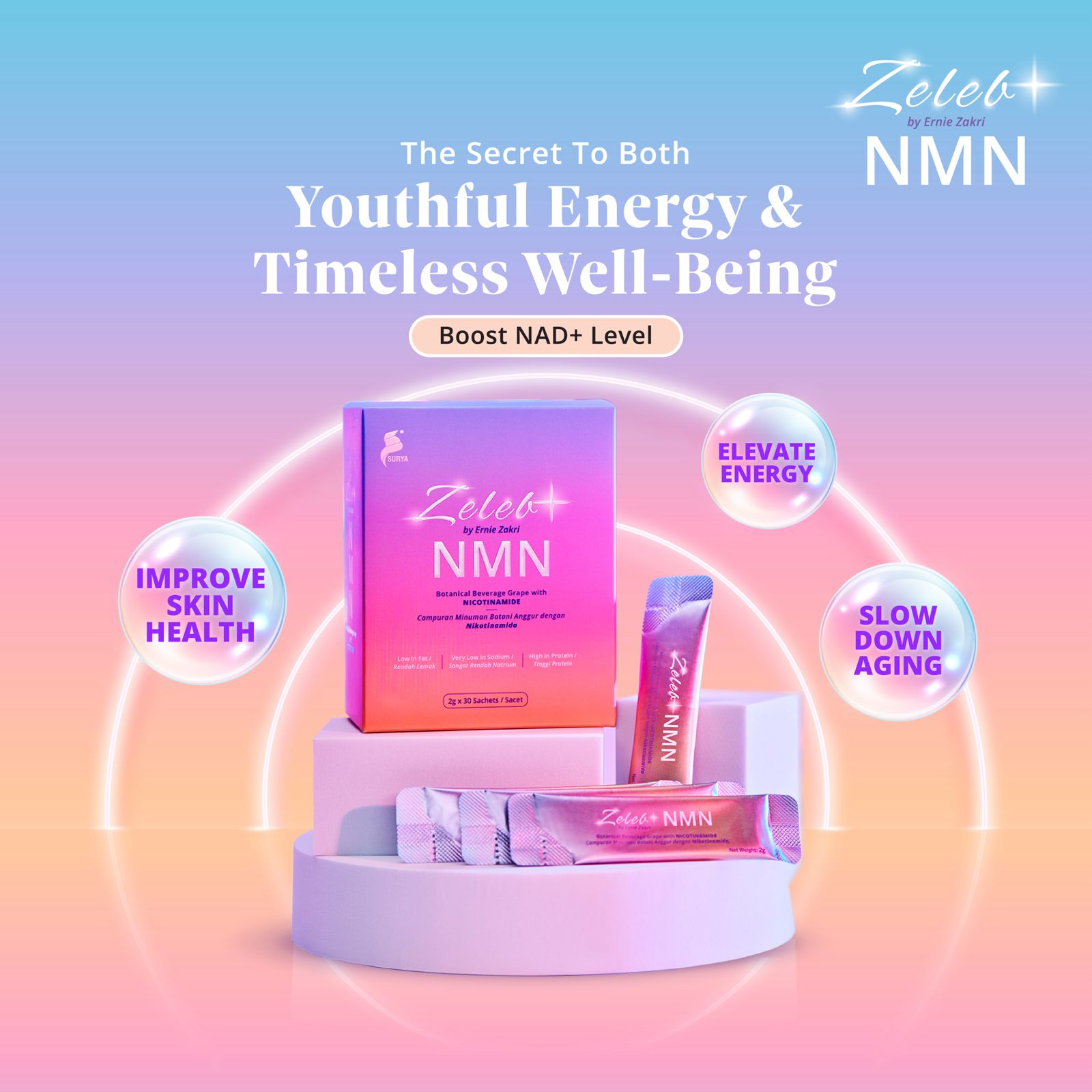 Zeleb+ NMN (7/14/30 Sachets) 250mg of 99% Pure NMN (For Elevate Energy, Slow Down Aging, Improve ...