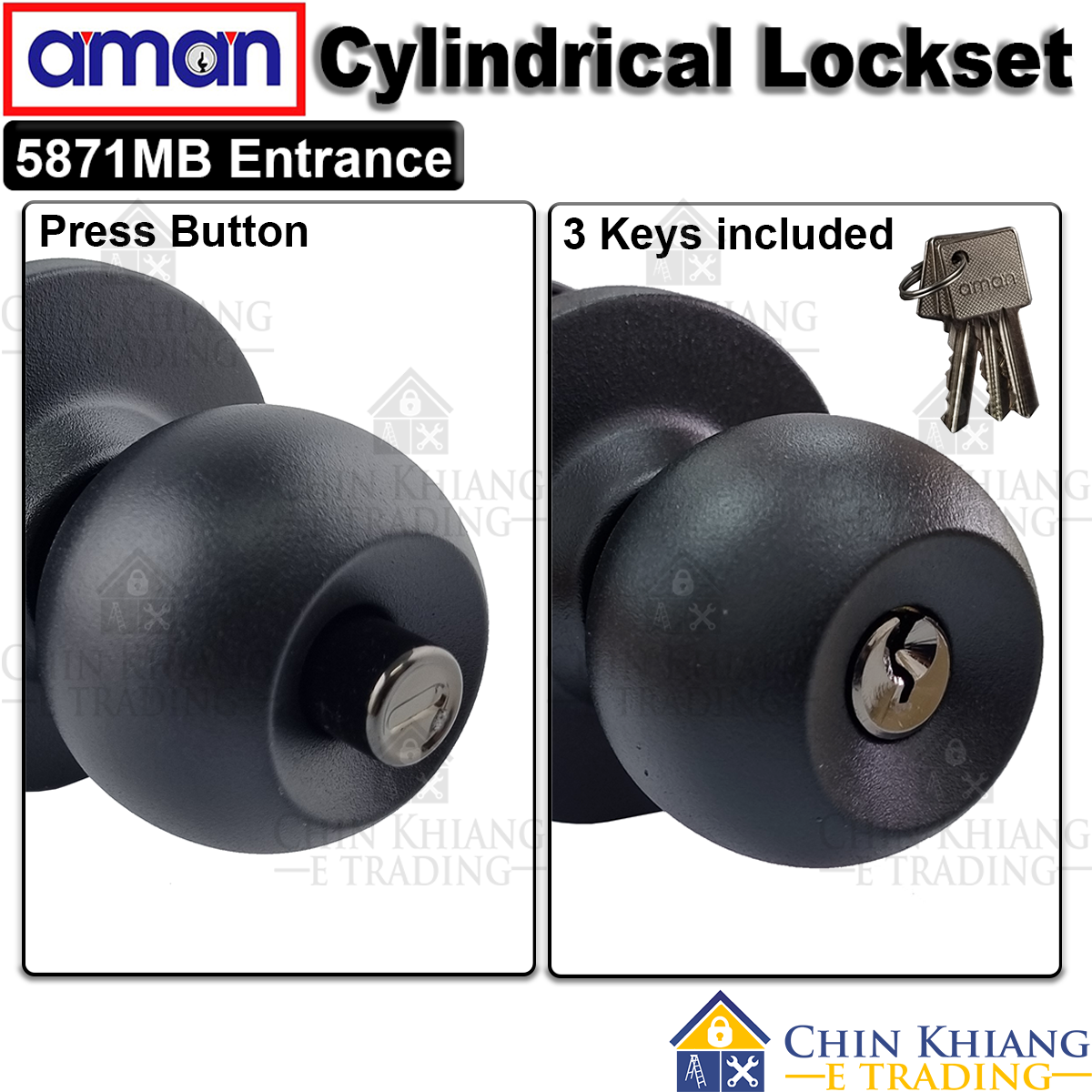 Aman 5871MB Entrance 5872MB Privacy Matt Black Doorknob Lock Sirim ...