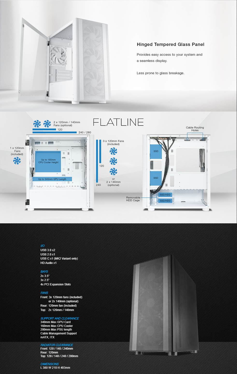 Tecware Flatline TG mATX Chassis - Black / White # TWCA-FTLN-BK / TWCA ...