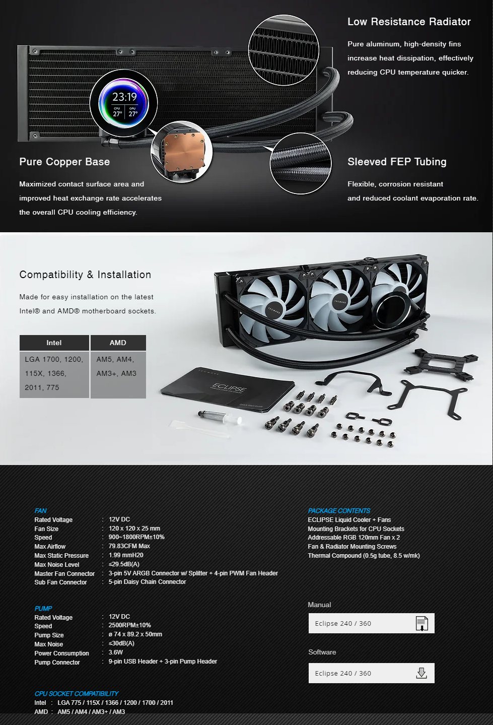 Tecware Eclipse 240 LCD / Eclipse 360 LCD Screen Liquid Cooler - Black ...