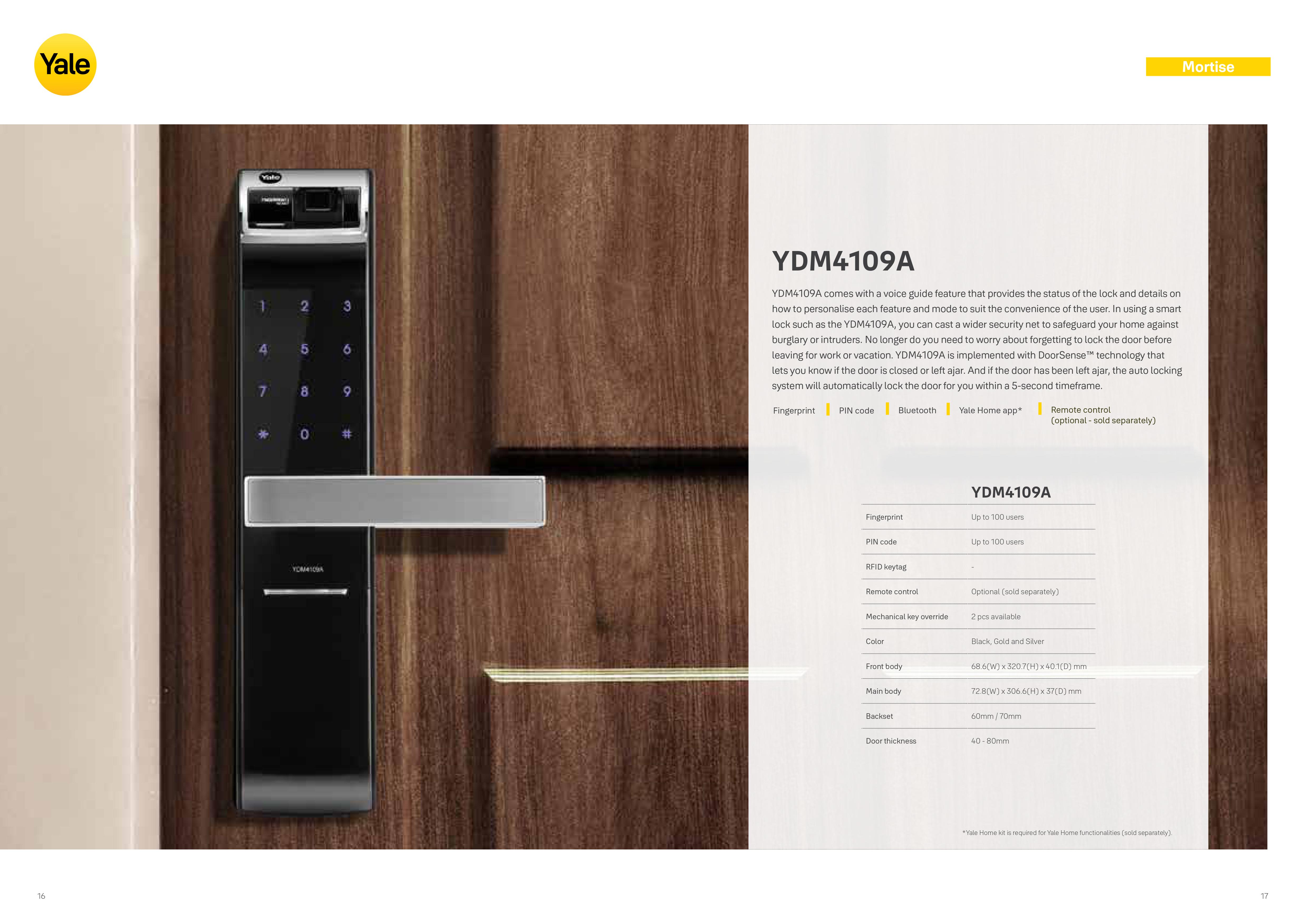 Yale YDM4109A Mortise Smart Door Lock - Fingerprint/ PIN Code ...