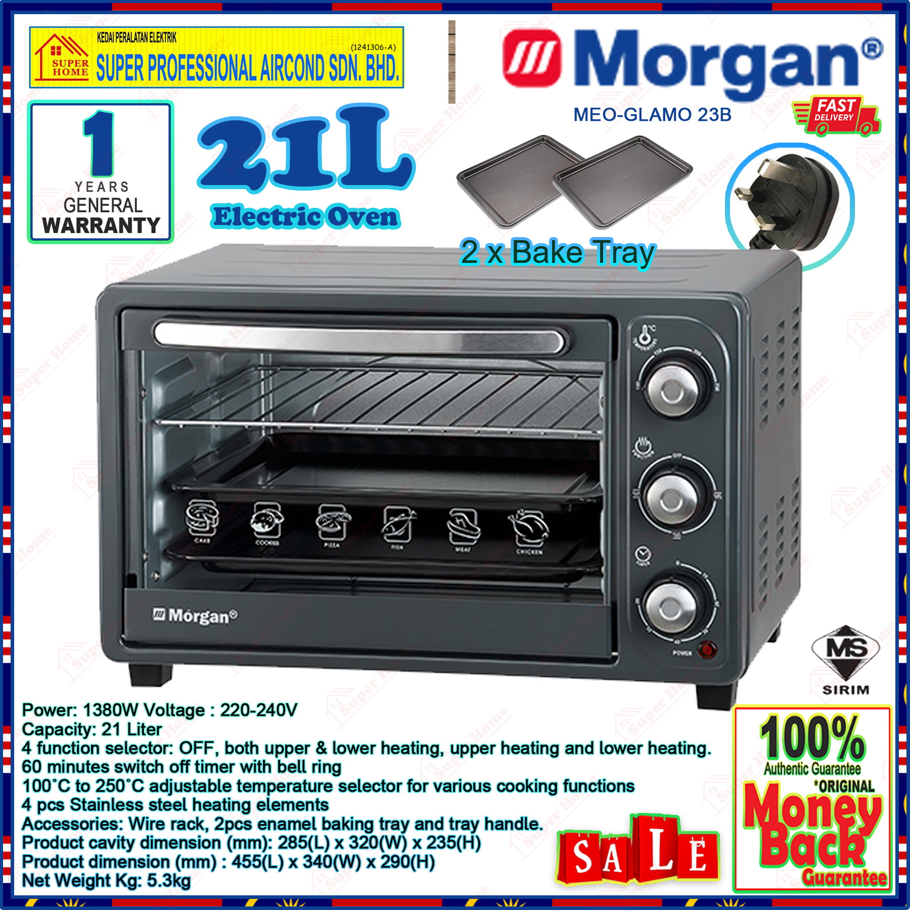 Morgan Electric Oven MEO-GLAMO 23B 21L Oven with ((2 x Baking Tray ...