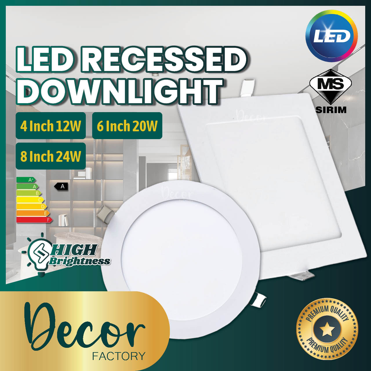 [Sirim] LED Downlight 12W 20W 24W 4" 6" 8" Round Square Ceiling Light ...