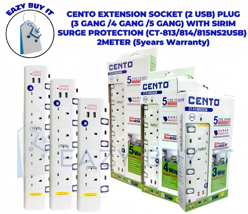 CENTO 3/4/5-GANG EXTENSION SOCKET SURGE PROTECTION WITH 2x USB-A PORTS ...