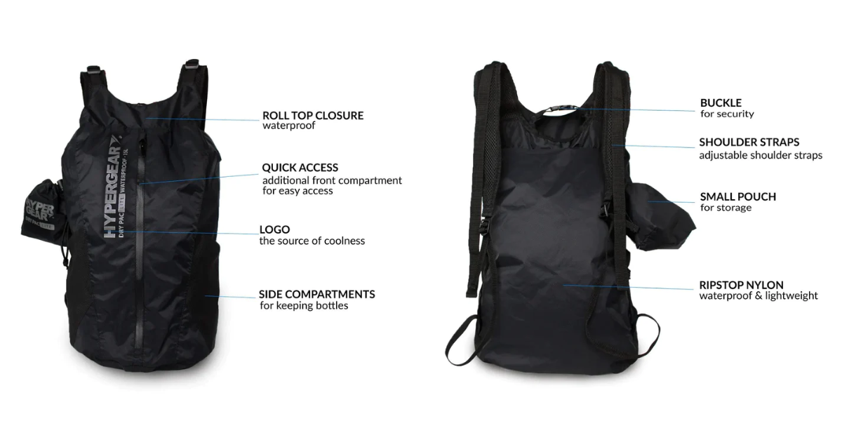 Hypergear Dry Pac Lite 15L Backpack Hiking Jogging Washable Lightweight ...