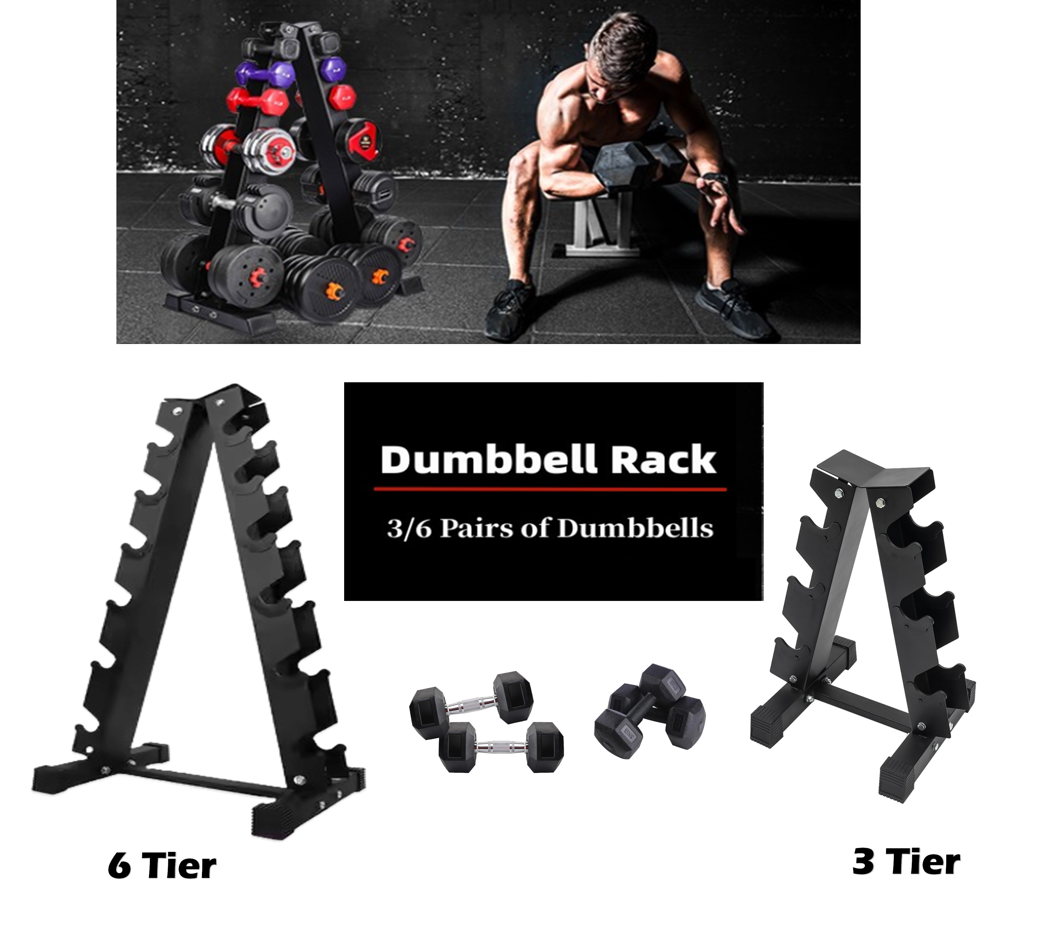 A-Frame Rak Pemberat Dumbbell Rack Stand Only, 6 / 3 Tier Steel Weight ...