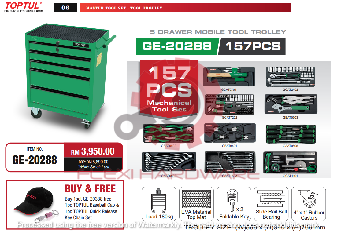 TOPTUL GE-20288 W/5 Drawer Mobile Tool Trolley 157pcs Mechanical Tool ...