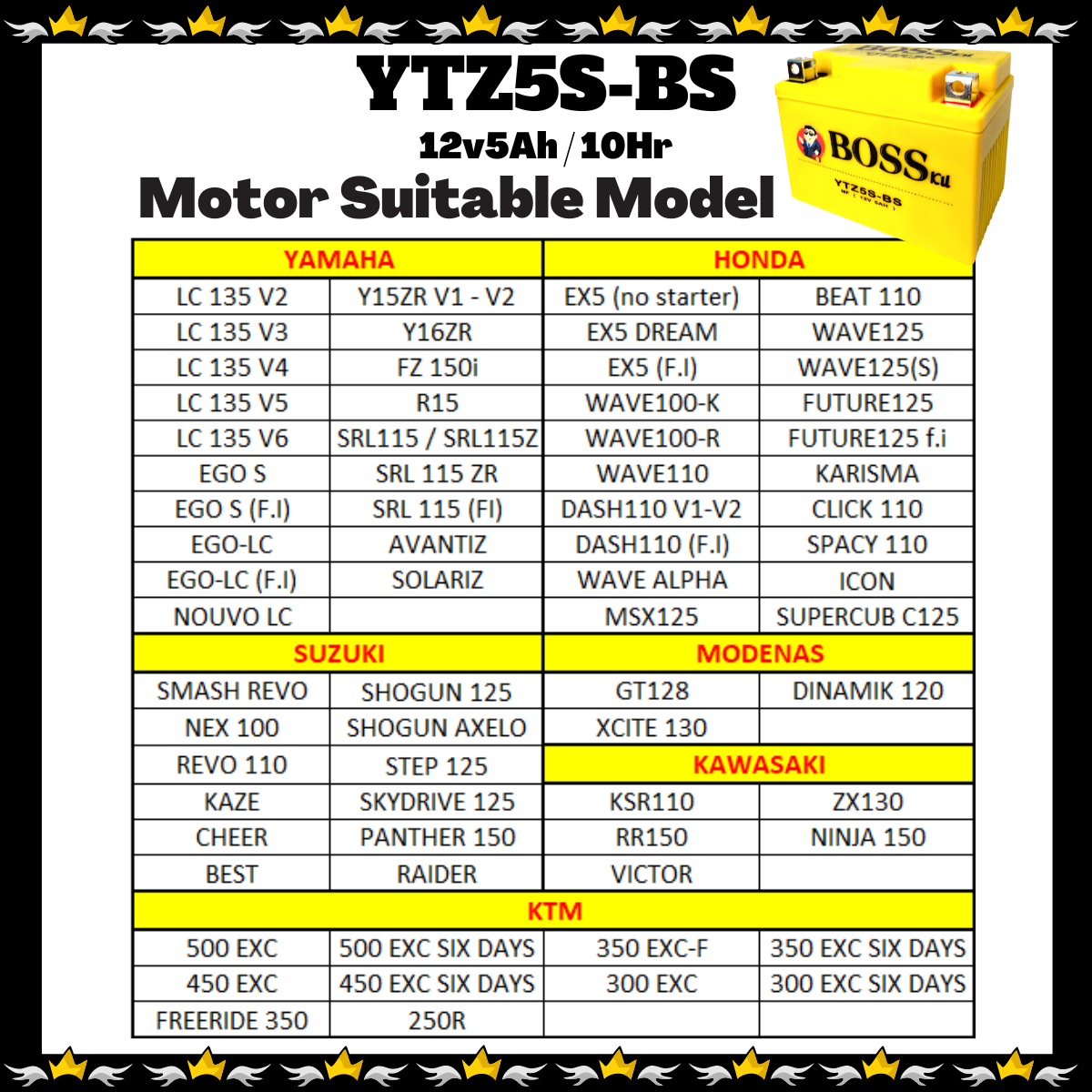 BOSSKU BATERI YTZ5S MOTOR BATTERY EX5 DREAM LC135 V2-V8 Y15 Y16 DASH ...
