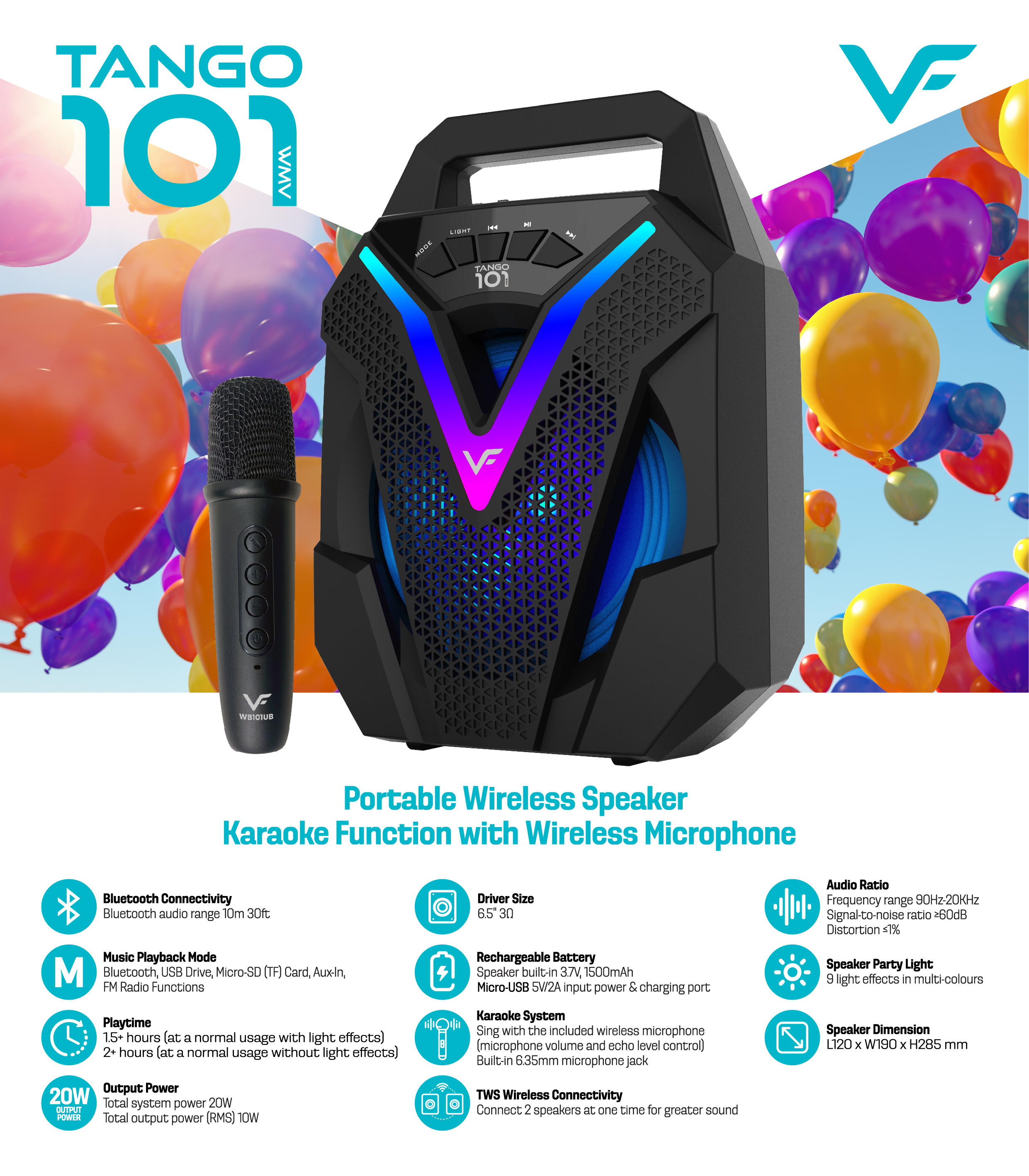 Vinnfier VF Tango 101 WMV 20W Max Portable Karaoke Bluetooth Speaker Wireless Microphone USB ...