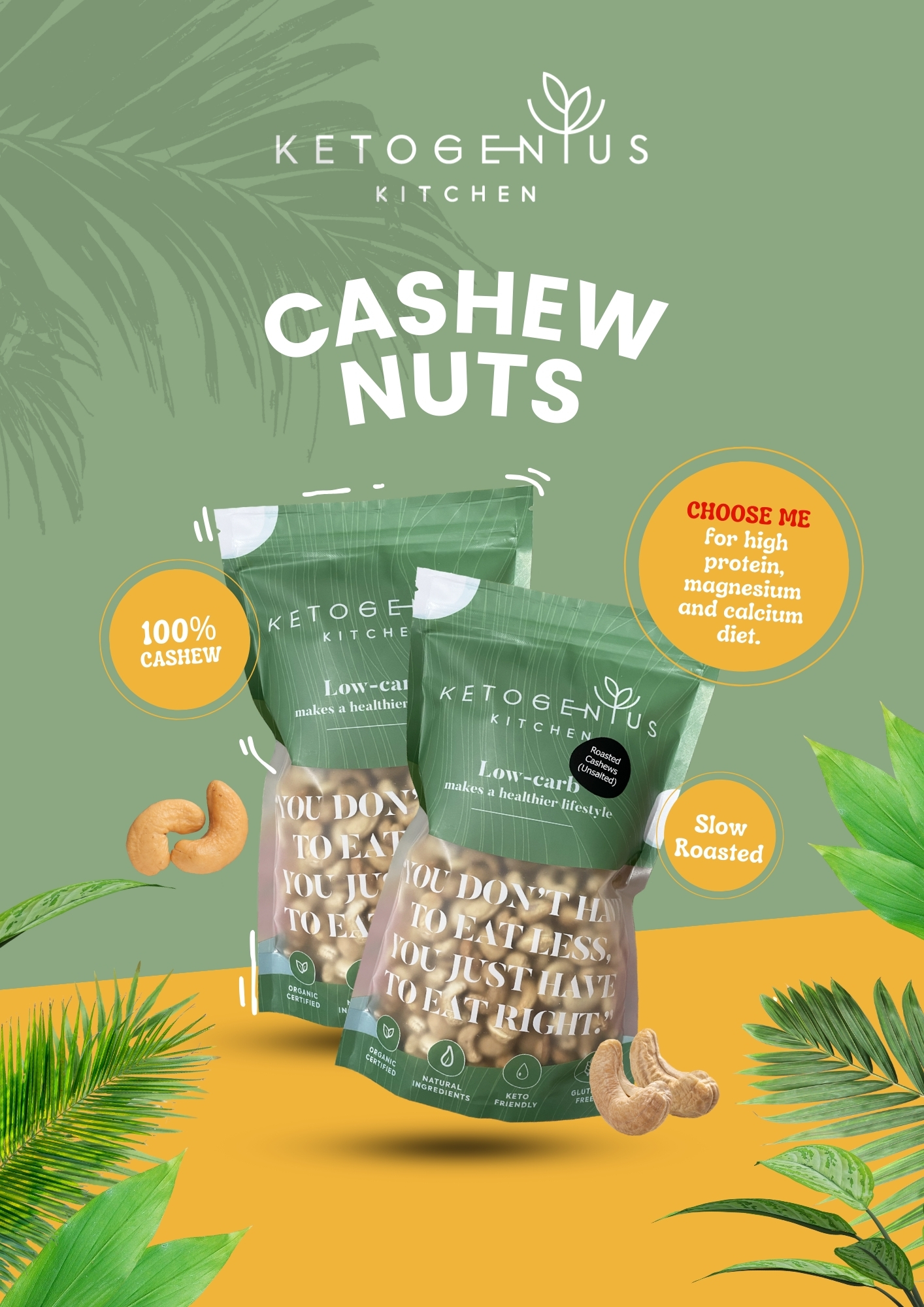 Ketogenius Kitchen Unsalted Slow Roasted Cashew (110g/250g/500g)- Healthy Snacks, Roasted Upon ...