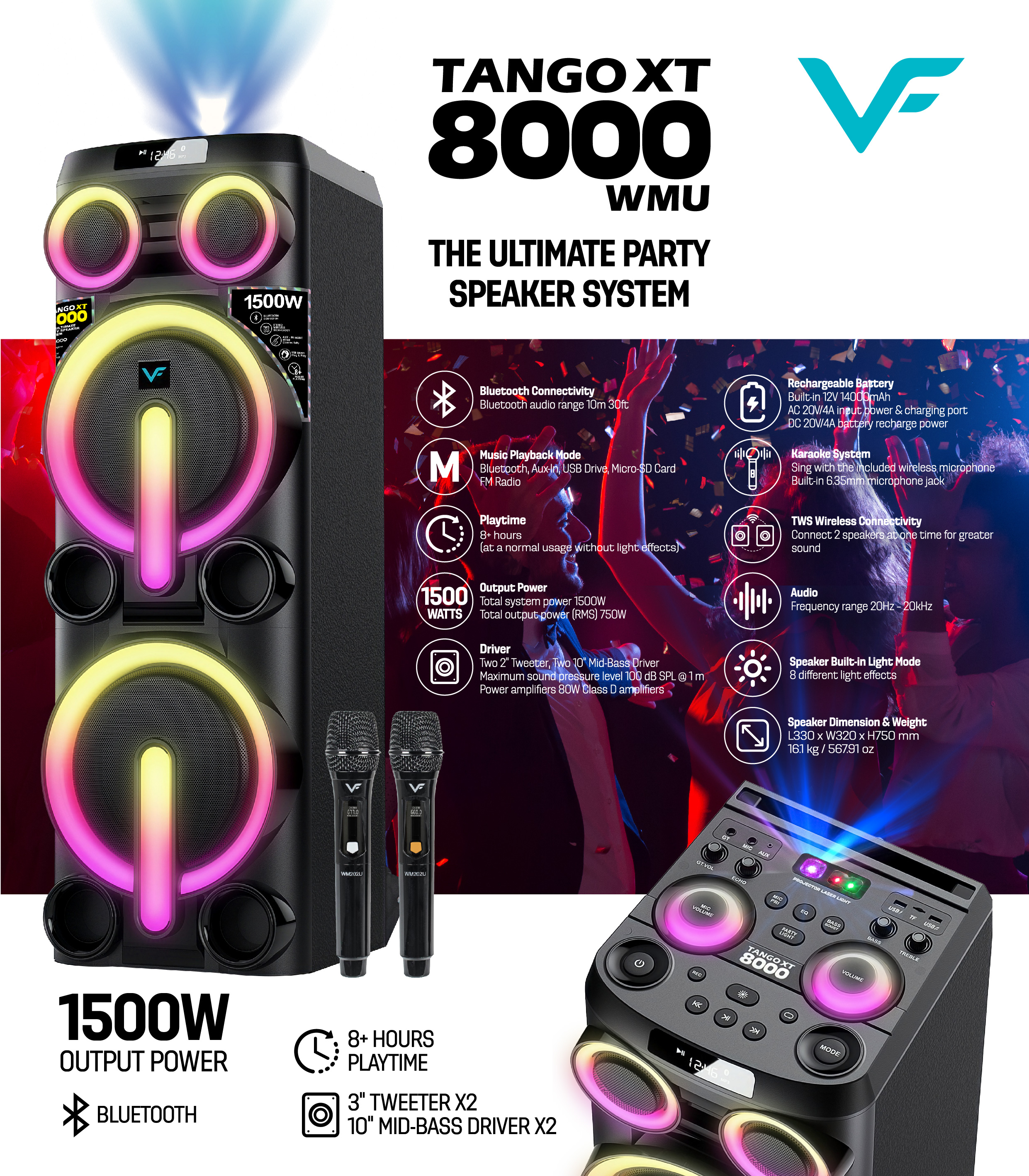 Vinnfier VF Tango XT8000 WMU 1500W MAX 14000mAh Potable Bluetooth Guitar Partybox Speaker ...