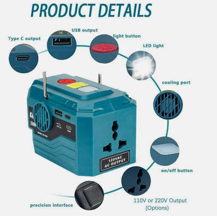 Milwaukee 200W DC AC Power Inverter Makita Dewalt Bosch M18 18V 20V ...