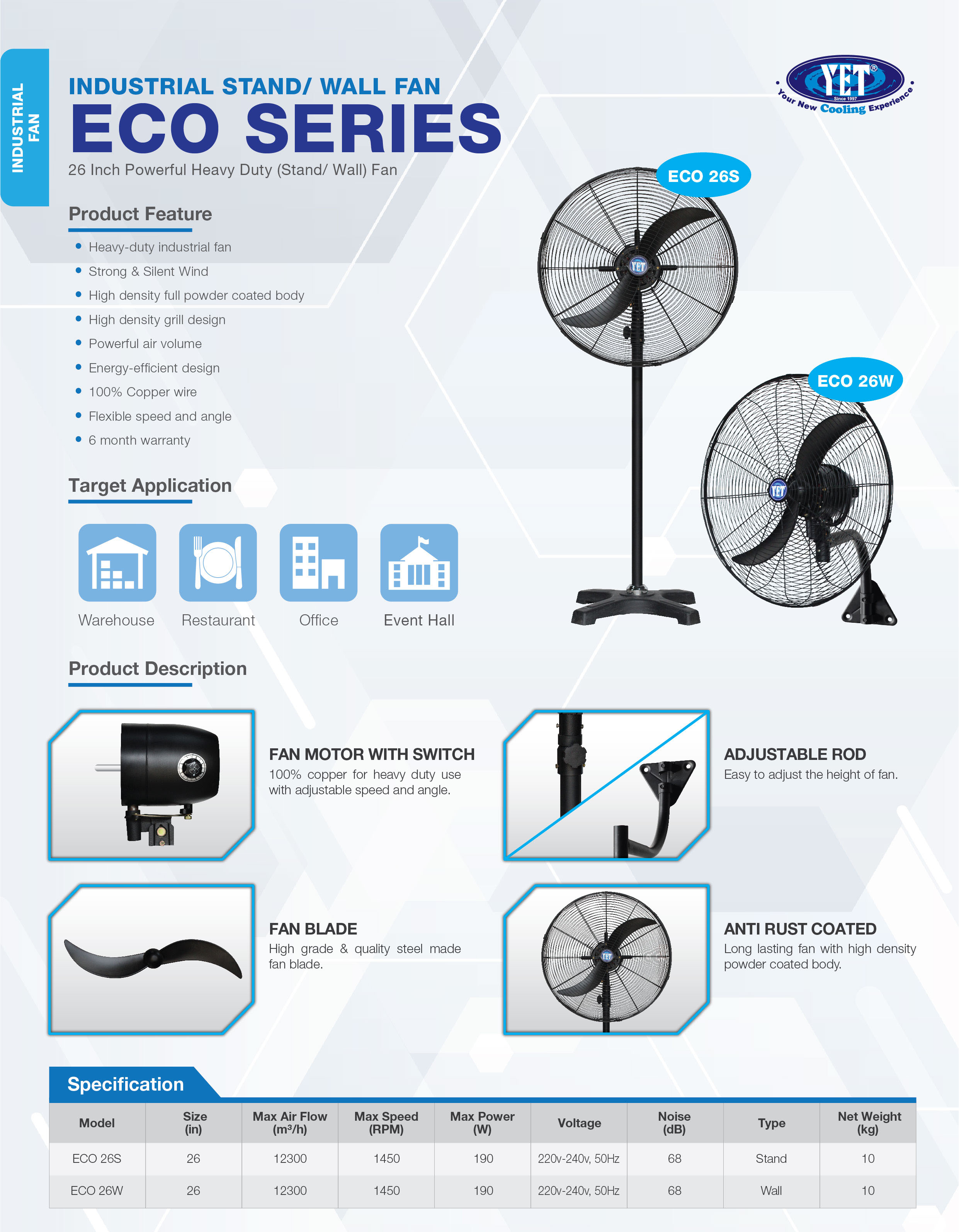 YET 26S 26W Eco Ultra Series Heavy Duty 26Inch Stand Wall Fan Blade ...