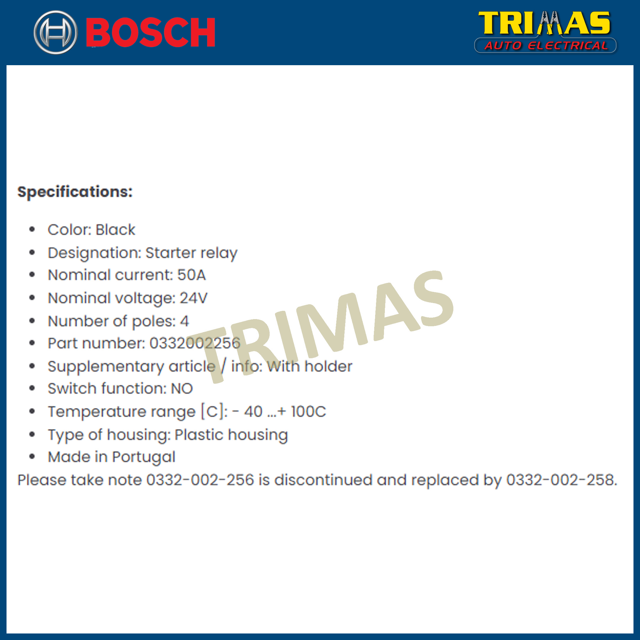 TRIMAS Original Bosch 0332002256 24V DC 50A Power Relay Made in ...