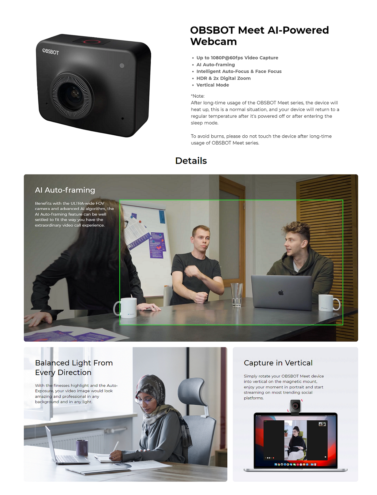 OBSBOT MEET AI-POWERED 1080P USB WEBCAM WITH AI AUTO-FRAMING, AUTO ...