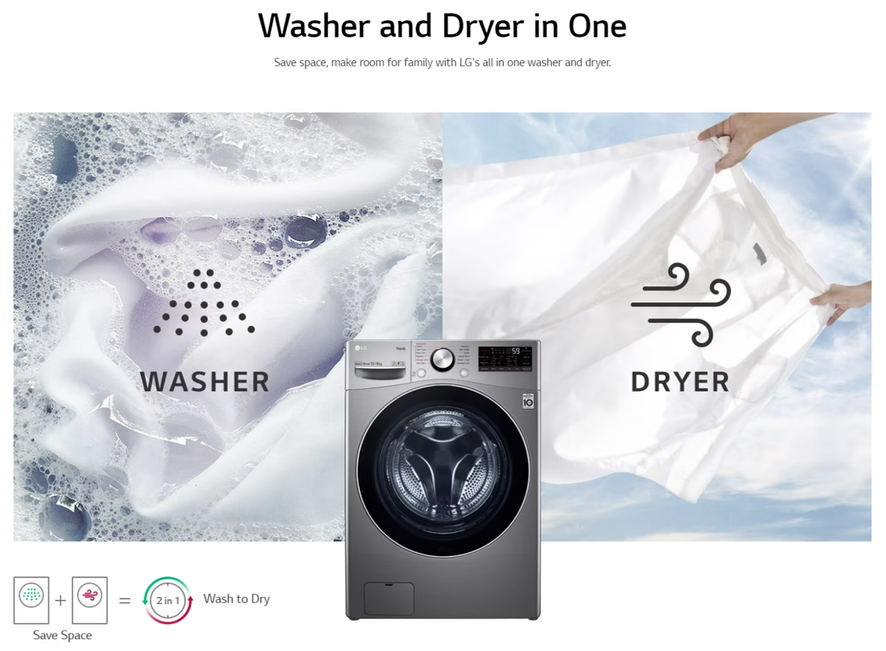 LG F2515RTGB 15/8kg Front Load Washer Dryer with AI Inverter Direct ...
