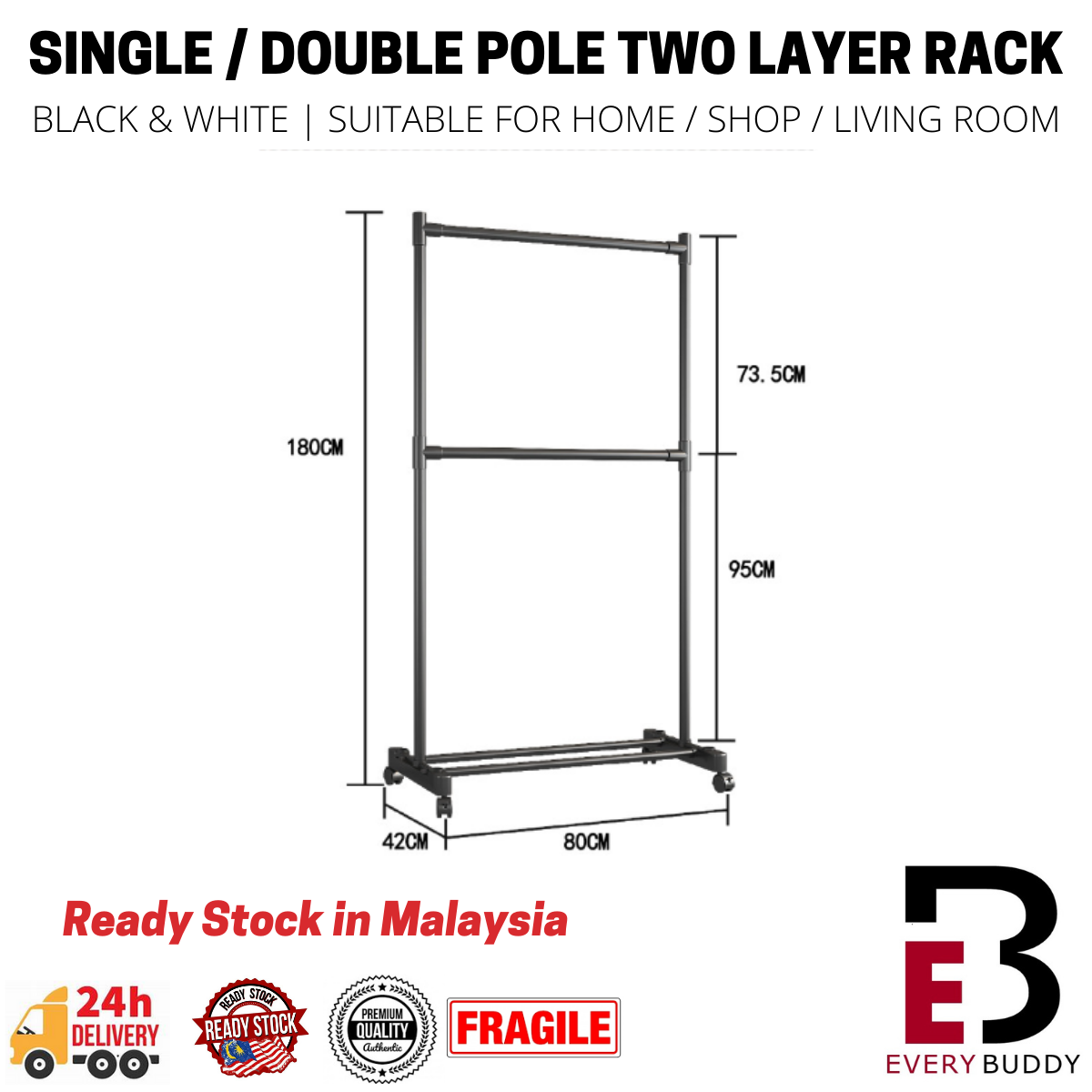 EB Mall Single / Double Pole Clothes Hanging Rack with wheels Cloth ...