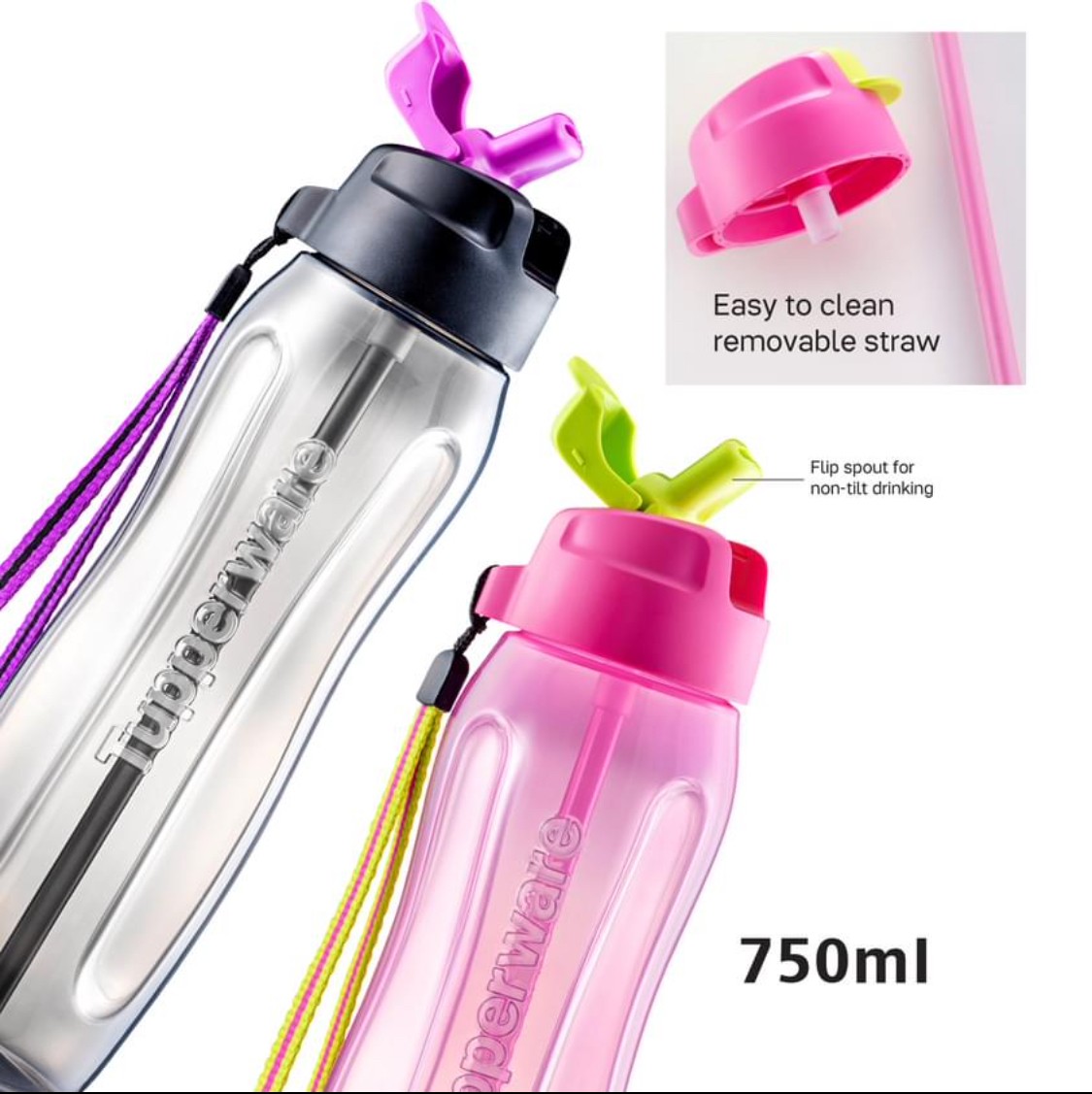 Tupperware Slim Eco Bottle 750ml with Straw/ Tupperware H2Go with Easy ...