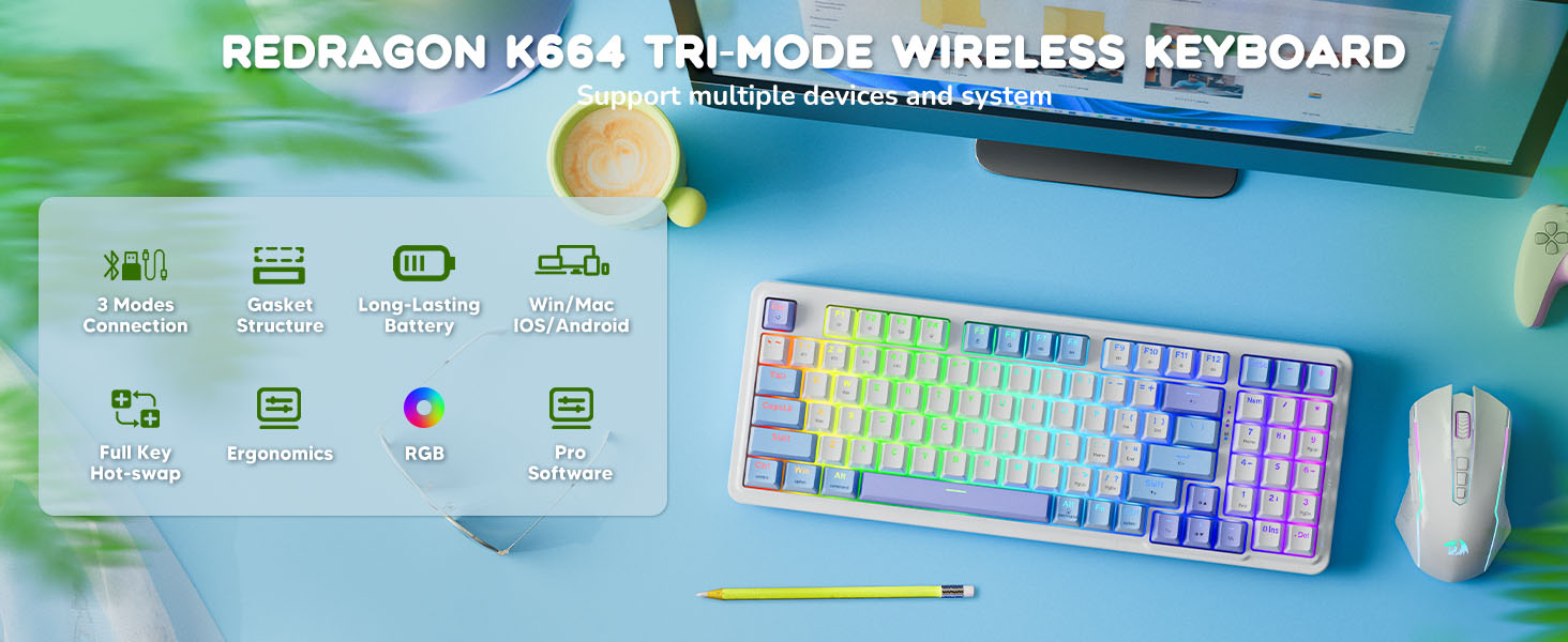 Redragon K664 Gloria PRO Gasket Tri-mode Wireless 94keys Mechanical ...