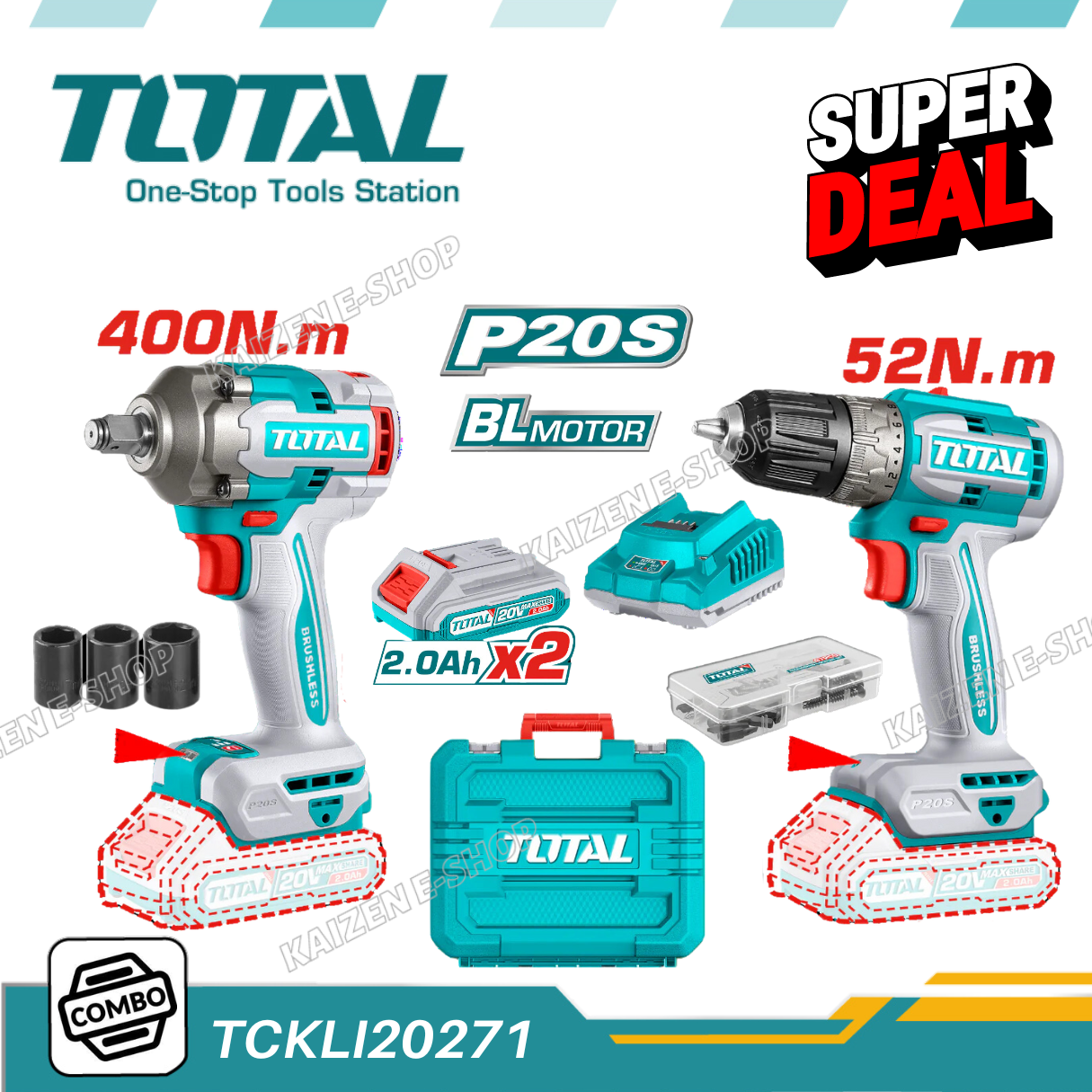 TOTAL TCKLI20271 / TOSLI230702 Li-ion Cordless 2 Pcs Combo Kit - Impact Wrench and Cordless ...