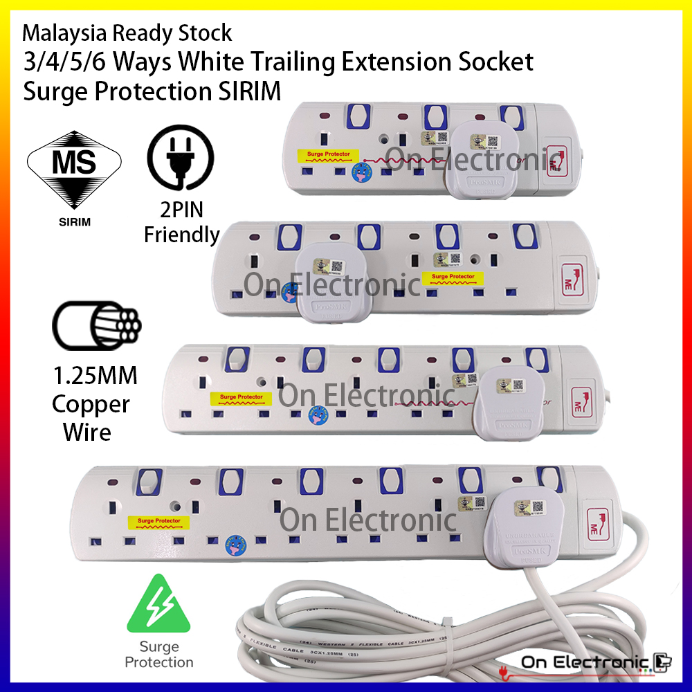 2500WATT 3 4 5 6 GANG ME WHITE TRAILING SOCKET EXTENSION SOCKET 3C 40/ ...