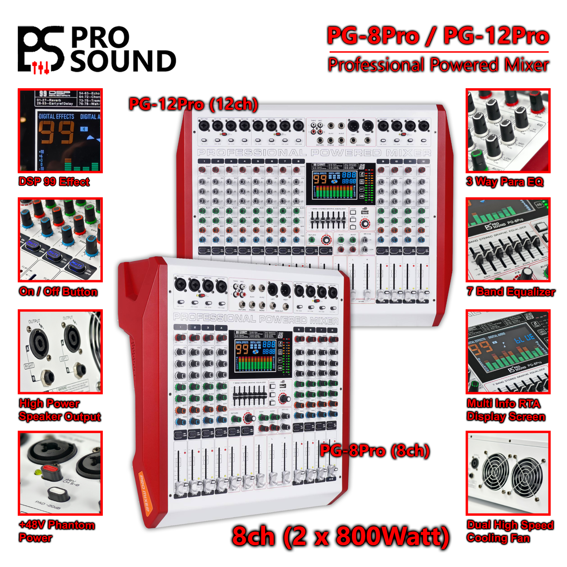 PS Pro Sound PG-8Pro / PG-12Pro Powered Mixer 2x800 Watt High Power ...