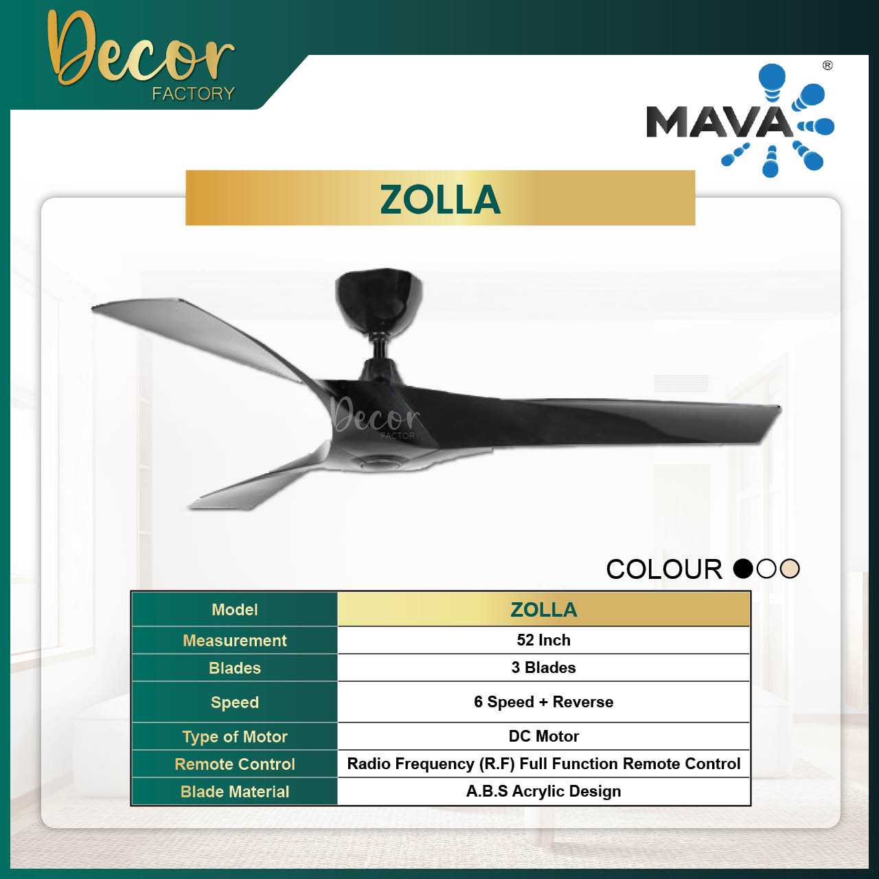 Mava Zolla 52'' 6 Speed 3 Blades Acrylic Full Copper Remote Control DC ...