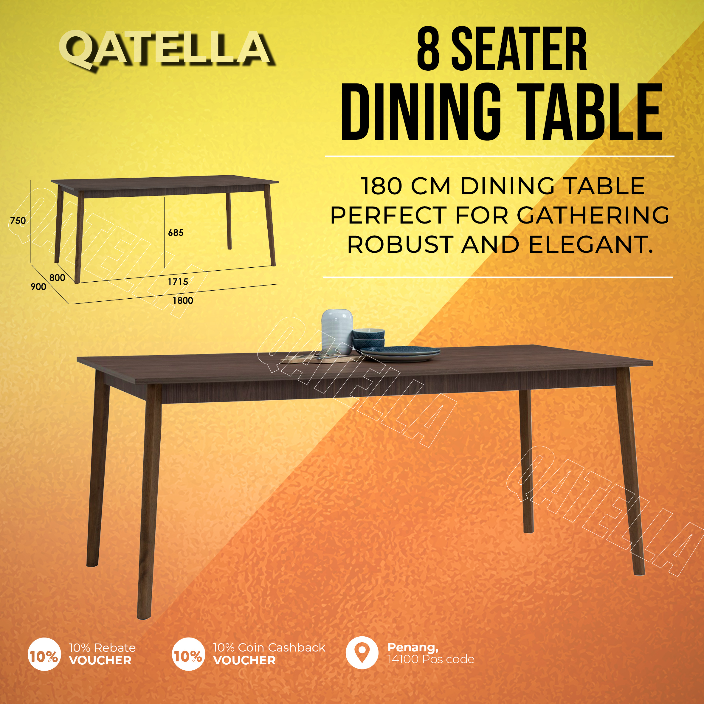 Qatella (8 Seater) Solid Wood 150/180cm Herringbone Meja makan solid ...