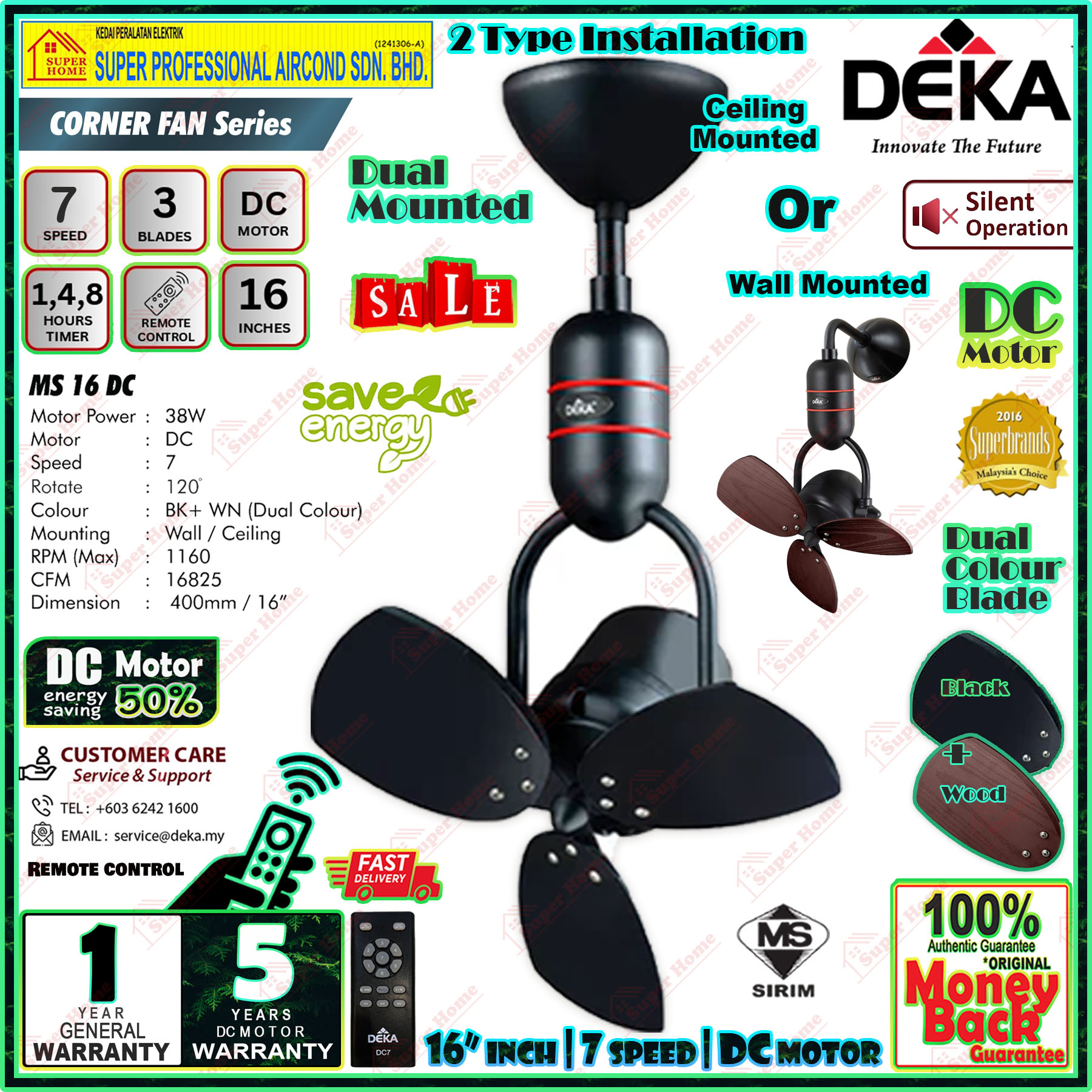 Deka Wall Fan MS16DC Dual Mounting Wall & Ceiling DC Motor Designer Fan ...
