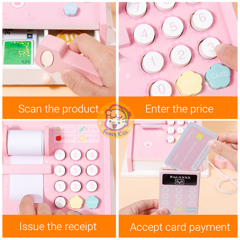 Wooden Toy Mini Cashier Cash Register with Play Money Coin Pretend Role ...