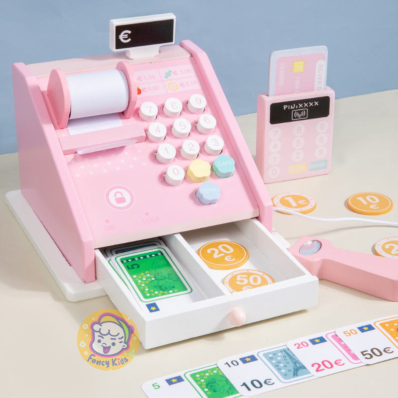 Wooden Toy Mini Cashier Cash Register with Play Money Coin Pretend Role ...