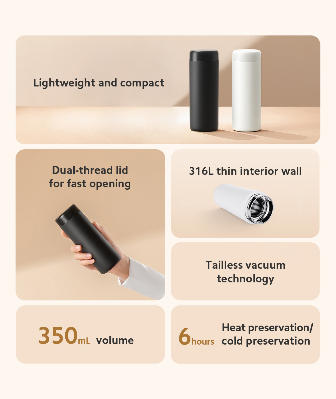 Xiaomi Insulated Water Bottle 350ml volume/6 hours heat preservation ...