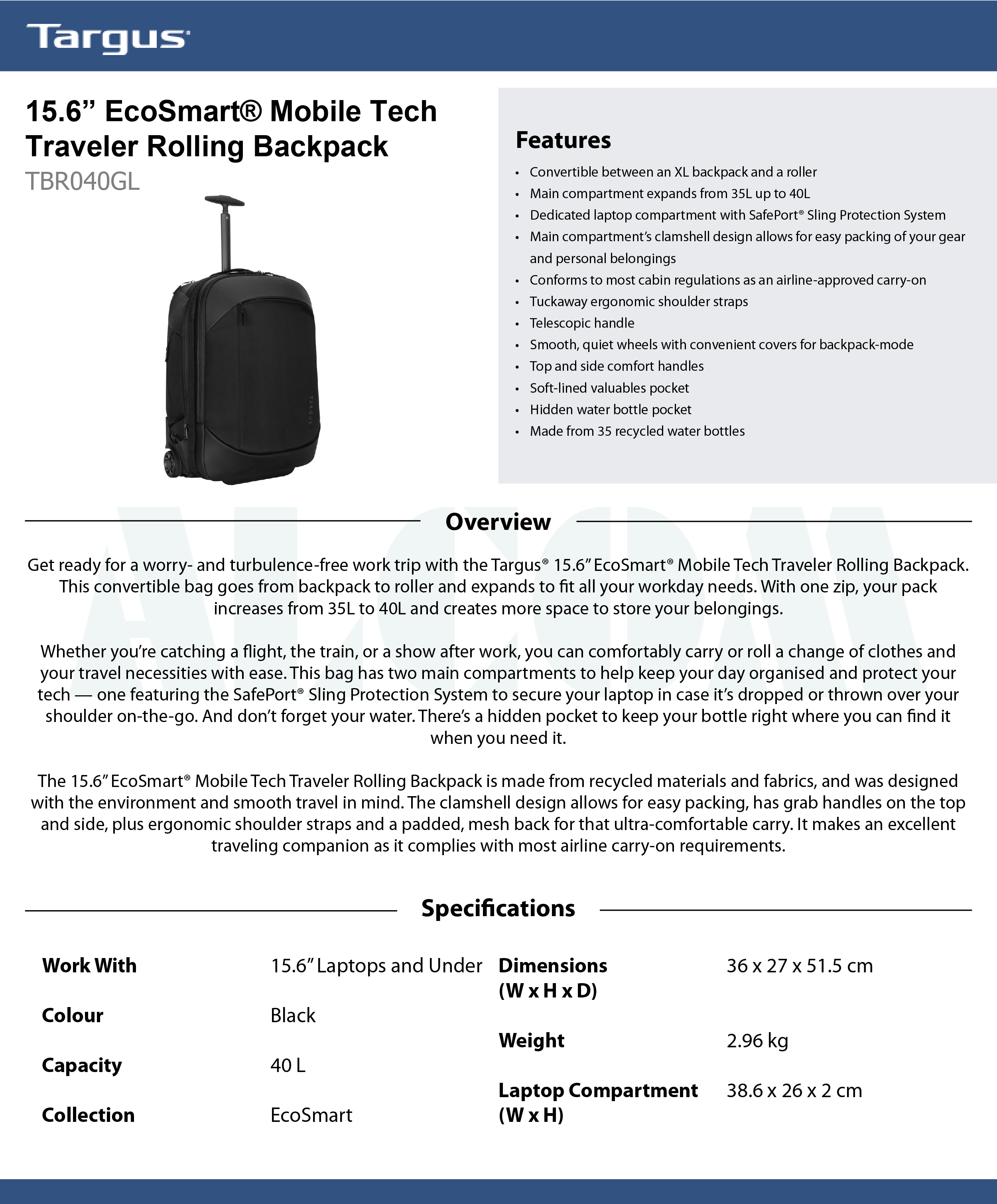 TARGUS TBR040GL 15.6" EcoSmart Traveler Rolling Backpack with 40L ...